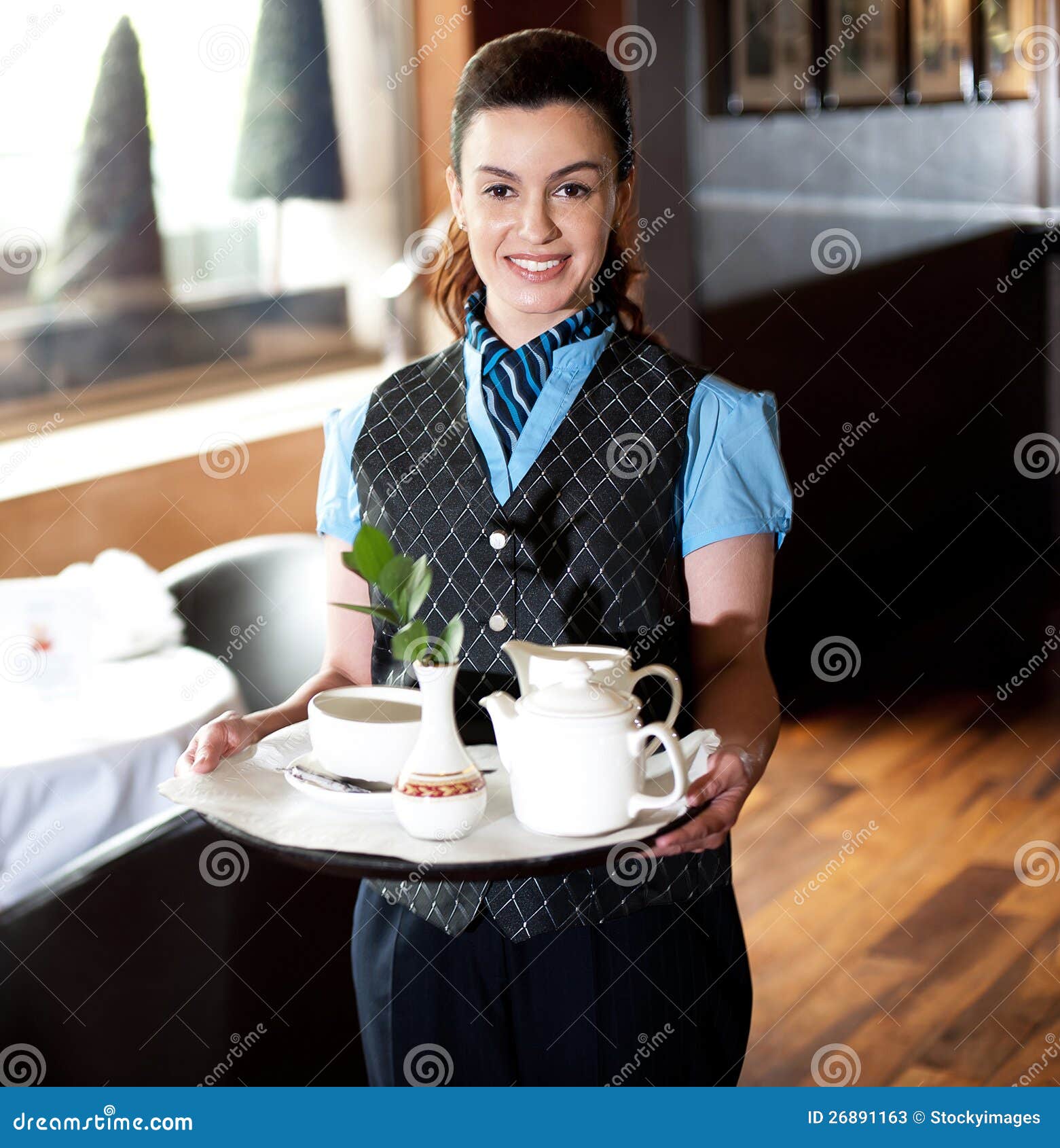 Pretty Waitress Posing with Tea for Guests Stock Image - Image of ...