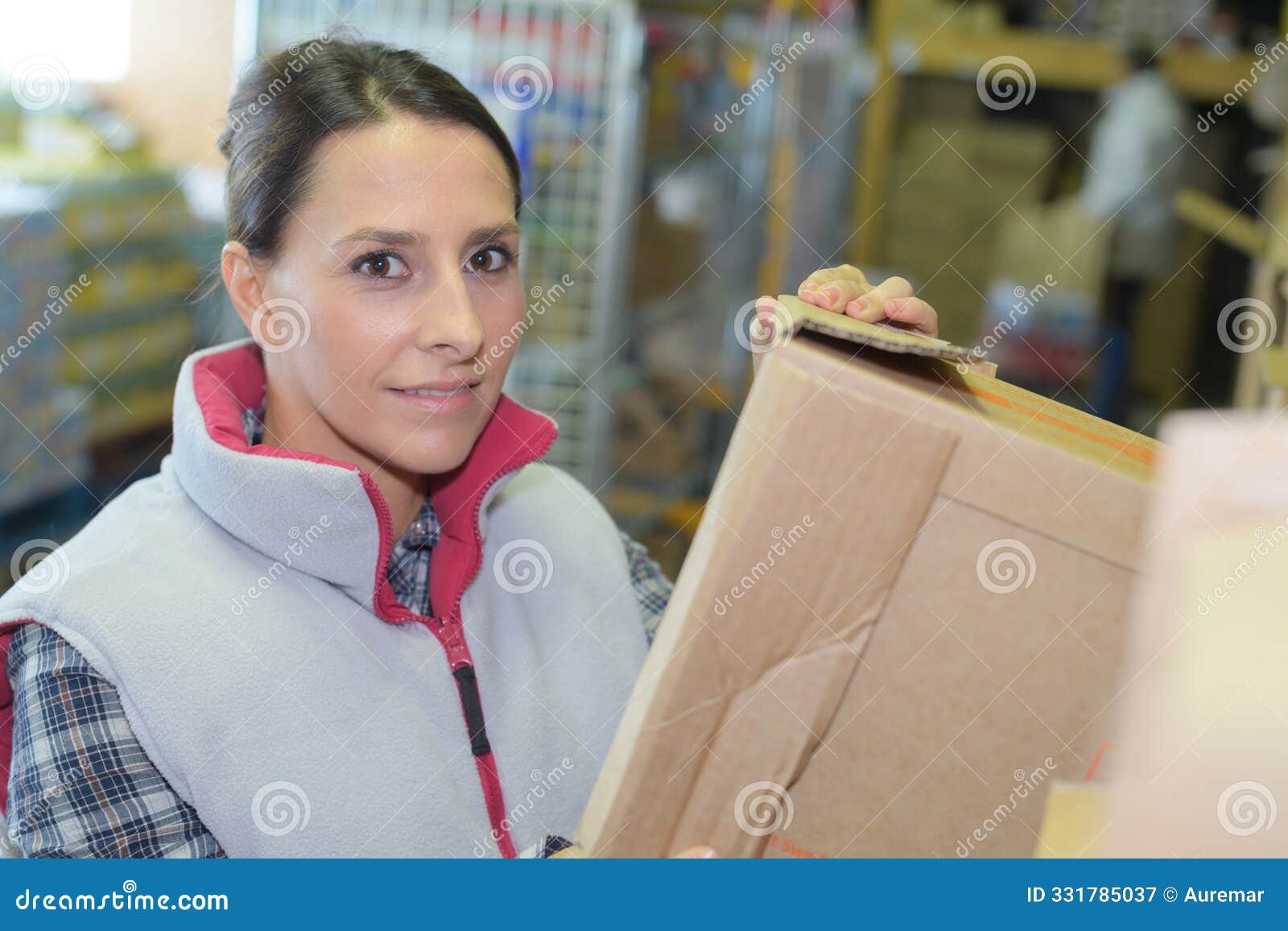 Pretty Warehouse Worker with Cardboard Box Stock Image - Image of ...