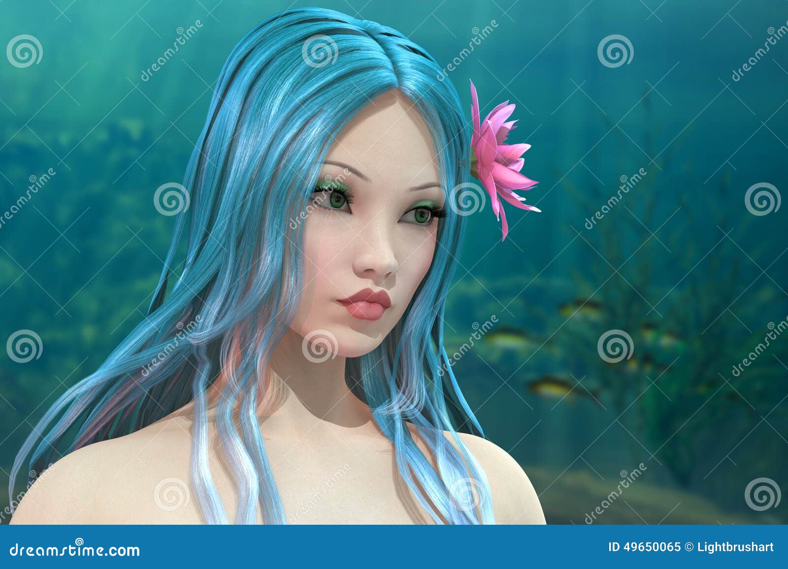 Water Nymph With Golden Harp In Hands. Beautiful Mermaid With Purple ...