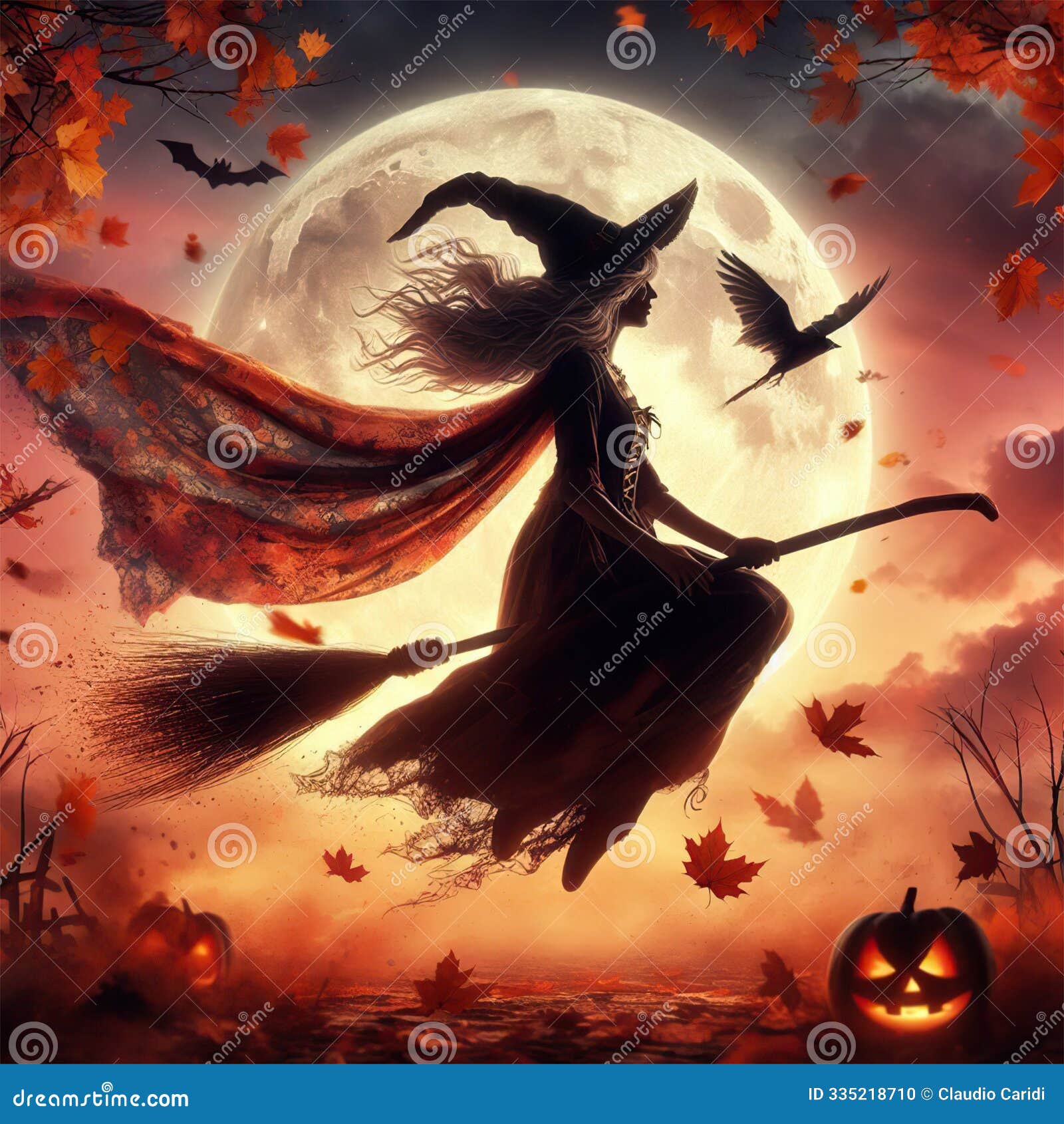 Pretty Witch Flying on Her Broom. Fall Colors on Halloween Background ...