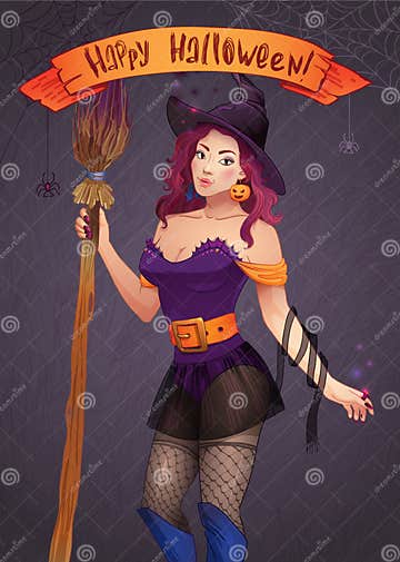 Pretty Witch Halloweensexy Girl With Broom And Hat Greeting Card Web Ribbon Inscription