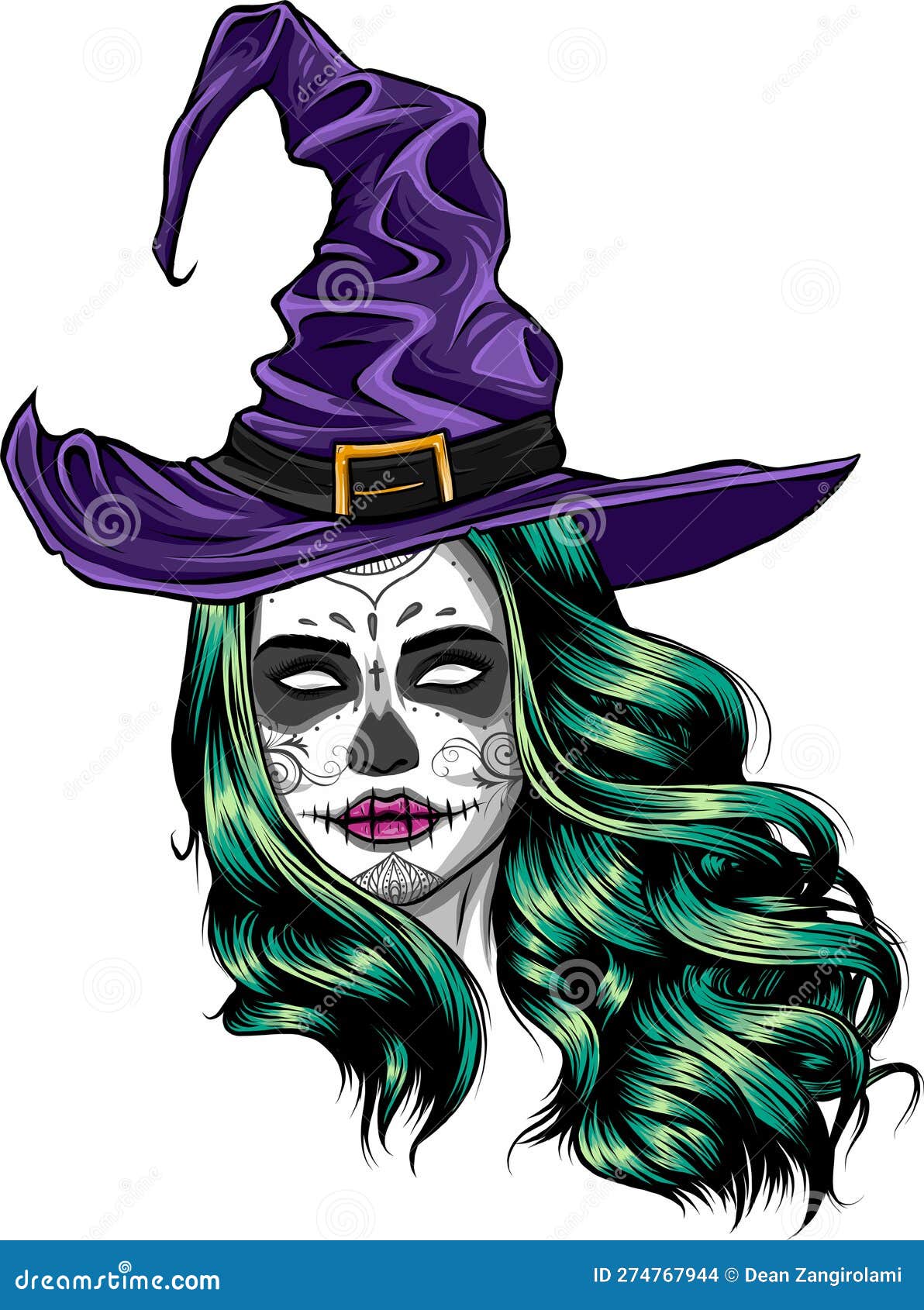 Pretty Witch with Hat. Vector Hand Drawn Illustration Stock Vector ...
