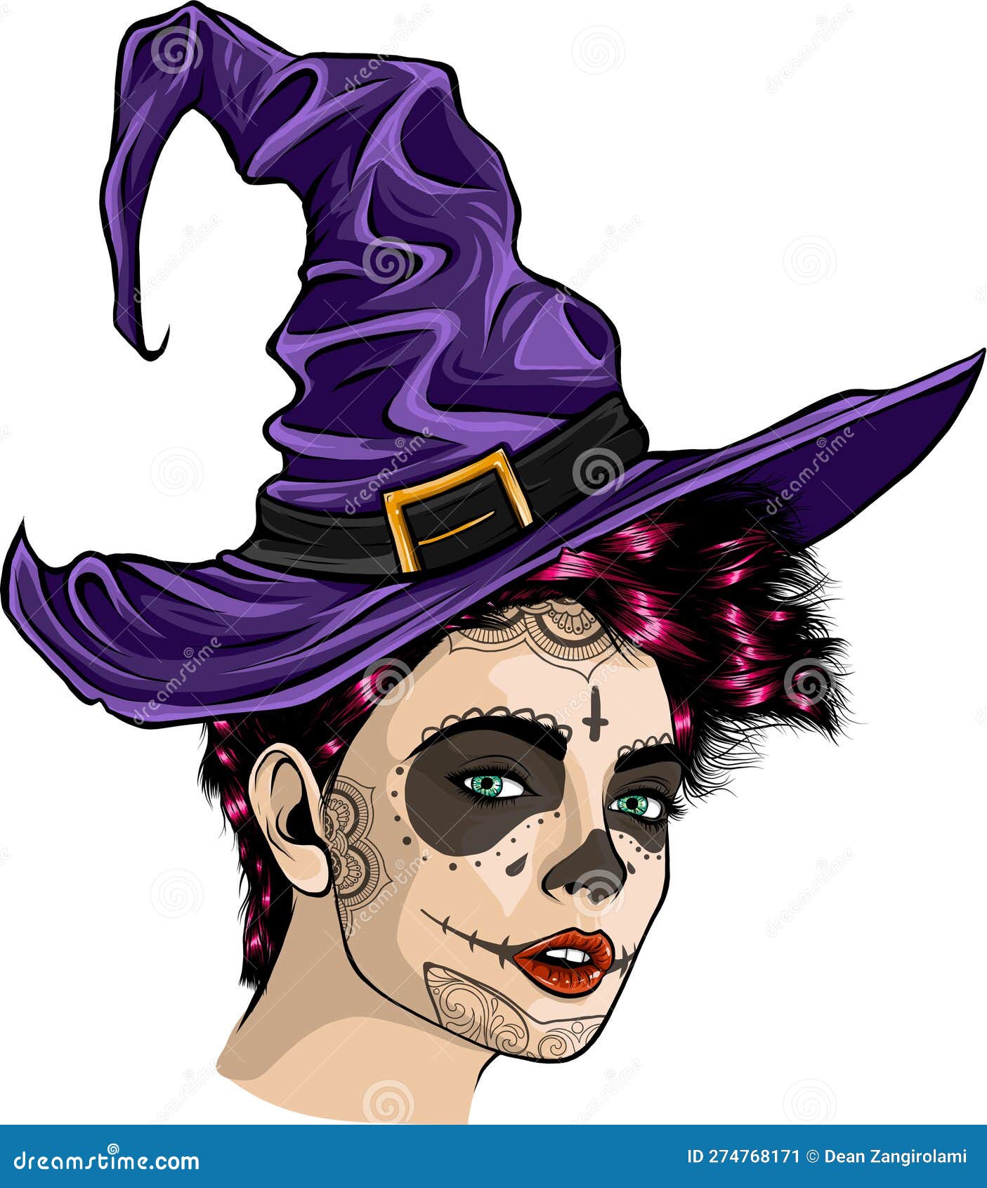 Pretty Witch with Hat. Vector Hand Drawn Illustration Stock Vector ...