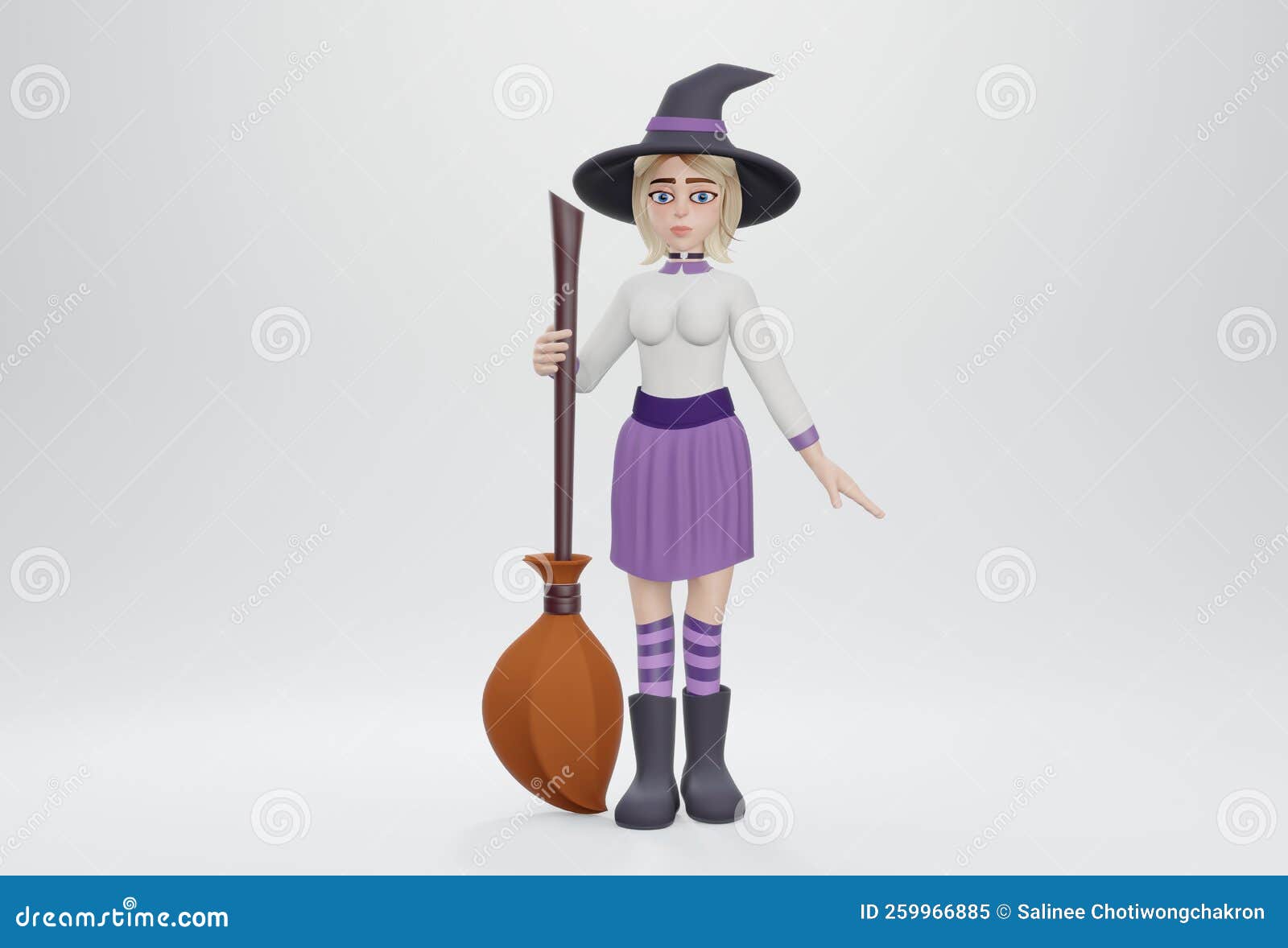 Pretty Witch Standing on One Leg and Holding Broom Stock Illustration ...