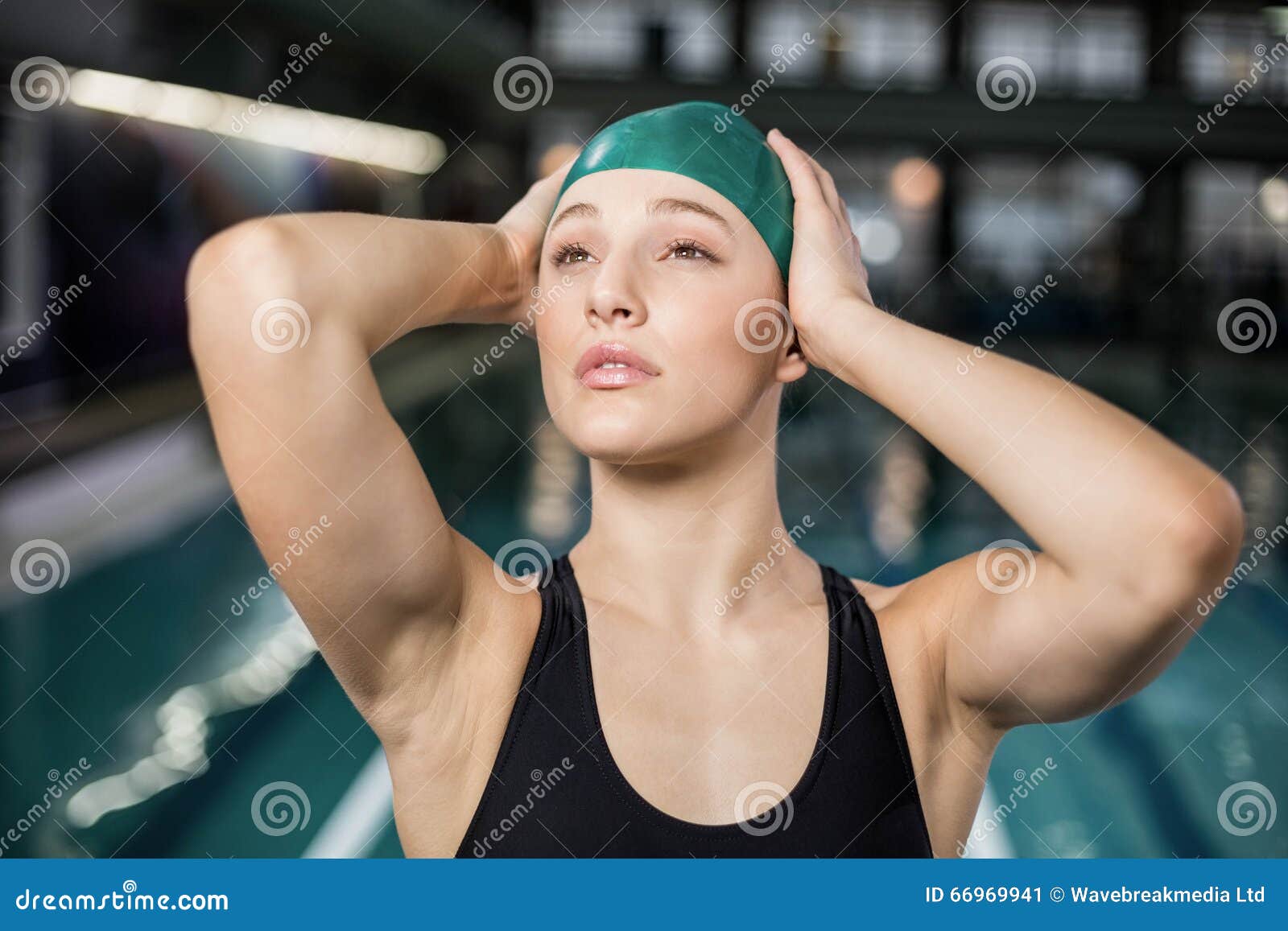 Pretty Woman Adjusting Her Bathing Cap Stock Image - Image of healthy ...