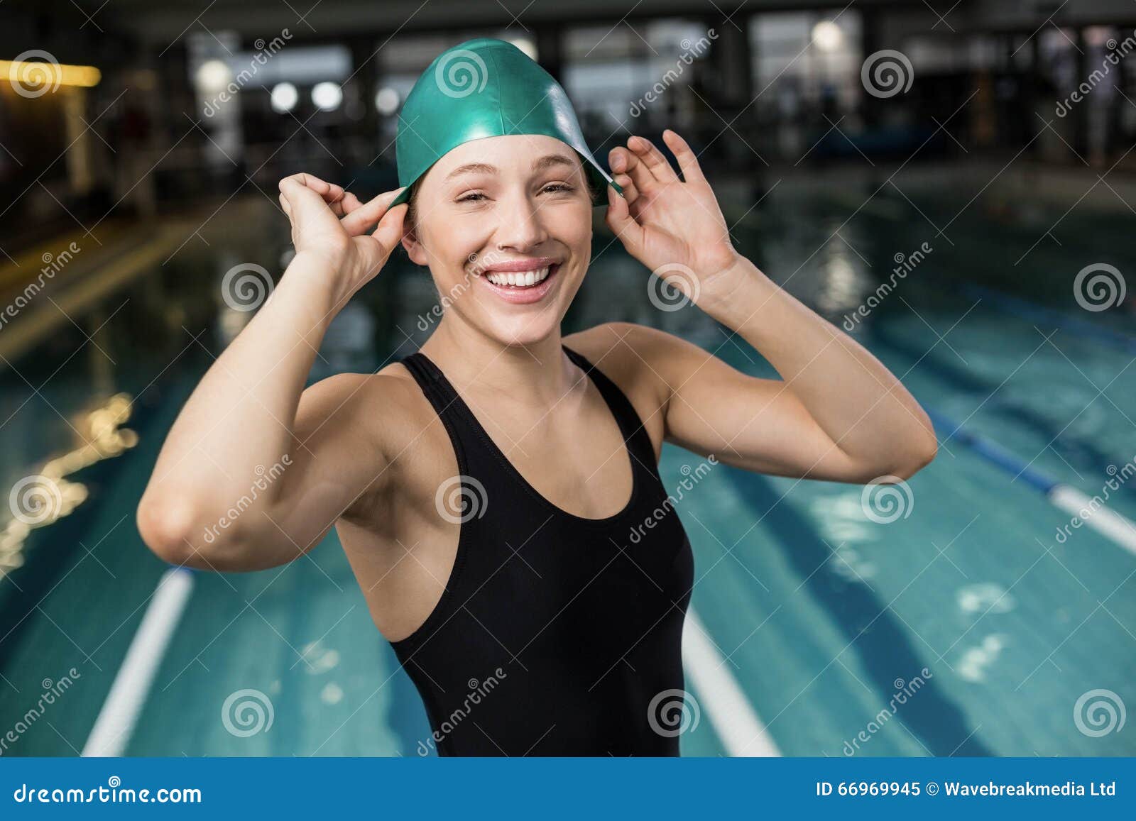Pretty Woman Adjusting Her Bathing Cap Stock Image Image Of Adjust Caucasian 66969945