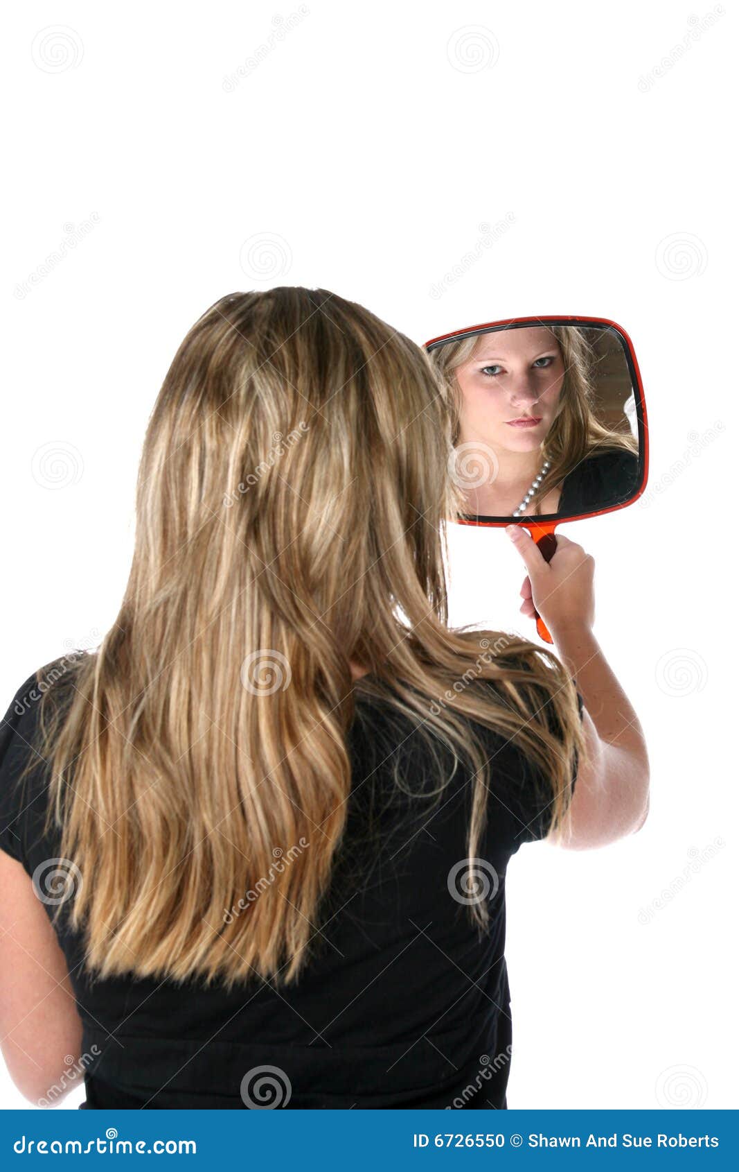 Pretty Woman Admiring Reflection in Hand Mirror Stock Photo - Image of ...