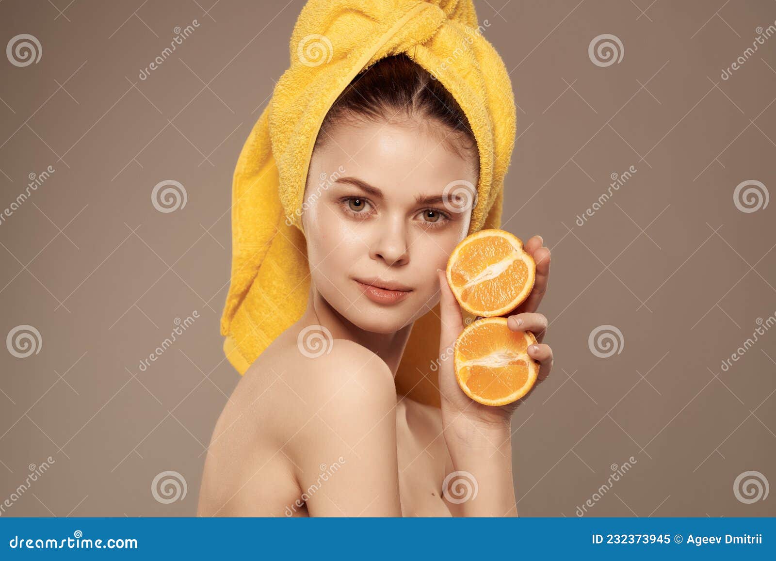 Pretty Woman Bare Shoulders With Fruit Vitamins Posing Close Up Stock