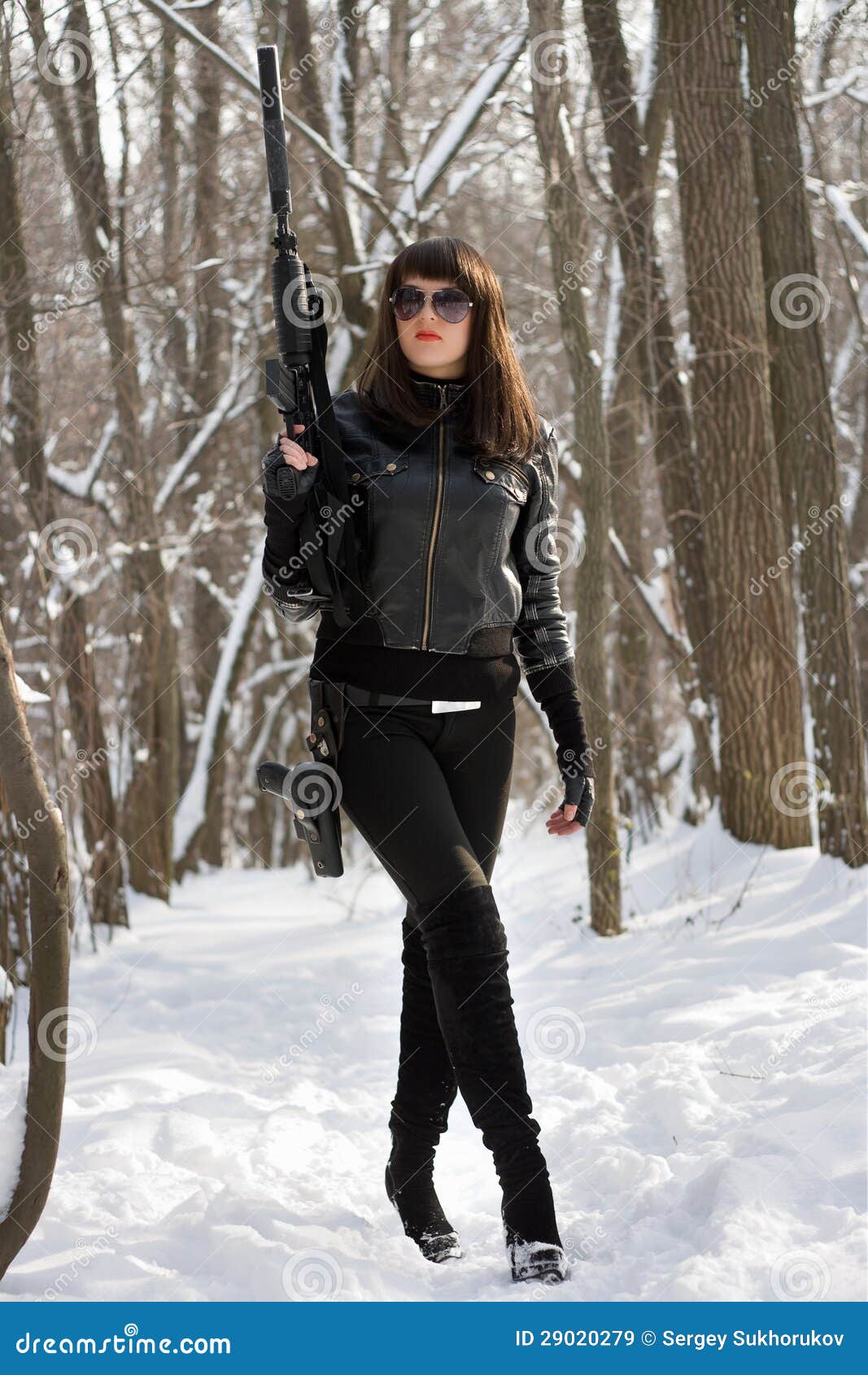 Pretty Woman in Black with Weapon Stock Image - Image of gloves ...