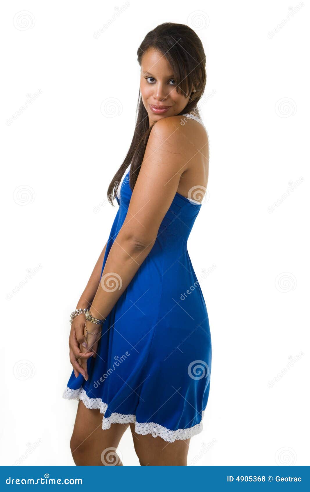 Pretty woman in blue stock photo. Image of pose, casual - 4905368