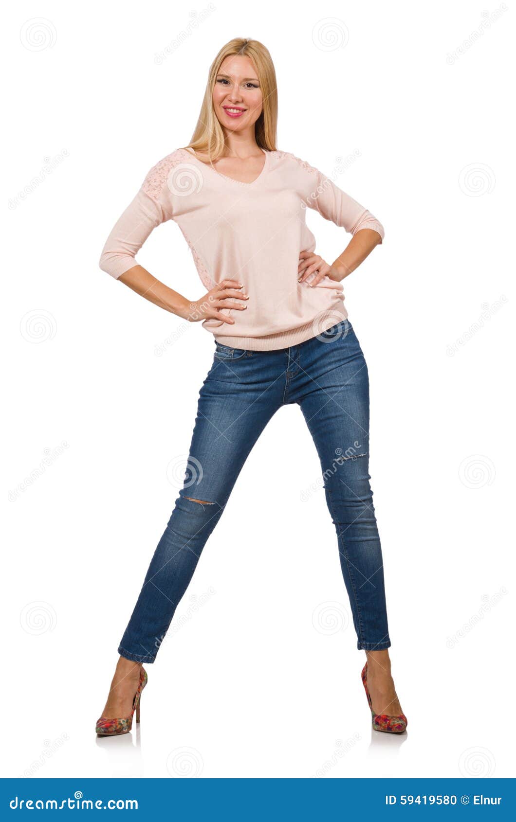 Pretty Woman in Blue Jeans Isolated on White Stock Photo - Image of ...