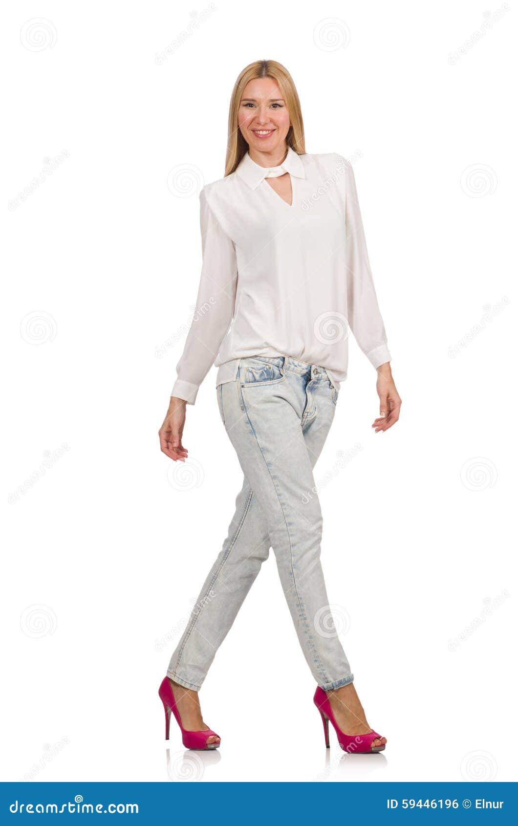 Pretty Woman in Blue Jeans Isolated on White Stock Photo - Image of ...