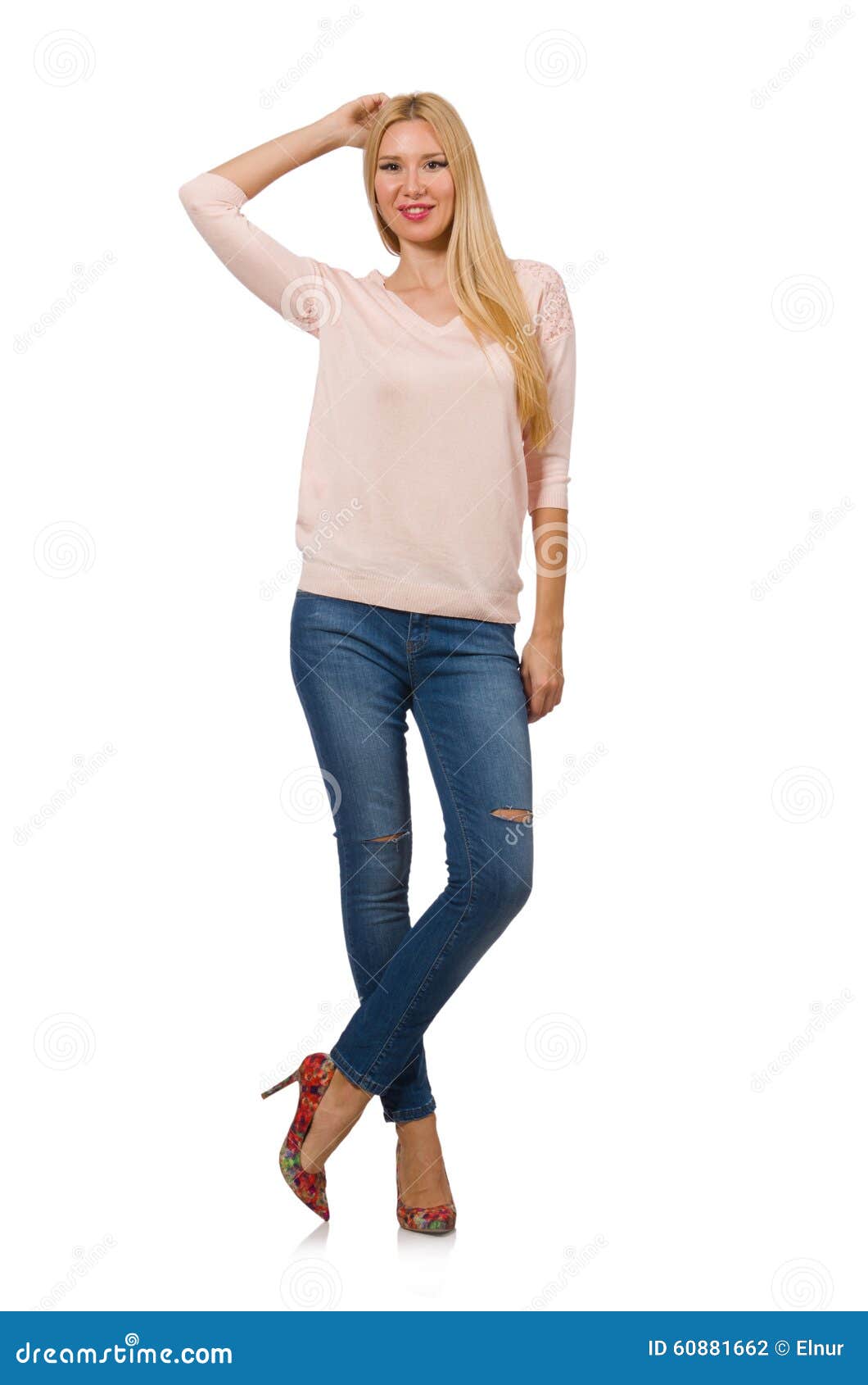 Pretty Woman in Blue Jeans Isolated on White Stock Photo - Image of ...