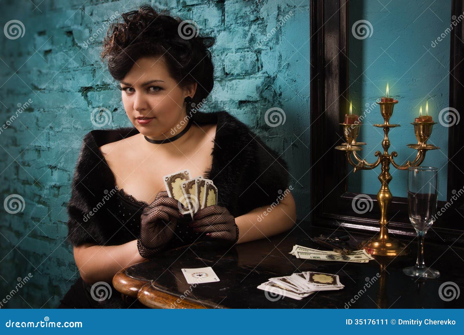 Pretty Woman with Cards in the Vintage Interior Stock Image - Image of ...