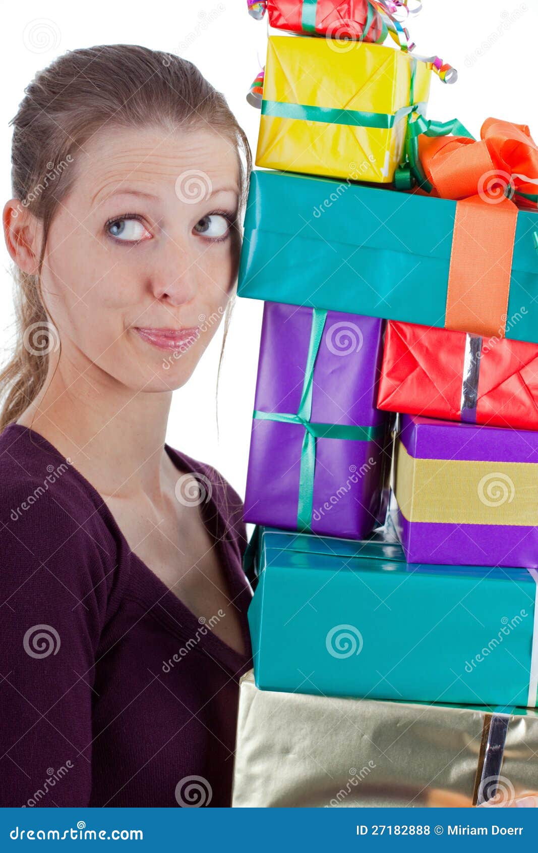 Pretty Woman Carrying a Stack of Gifts Stock Photo - Image of girl ...