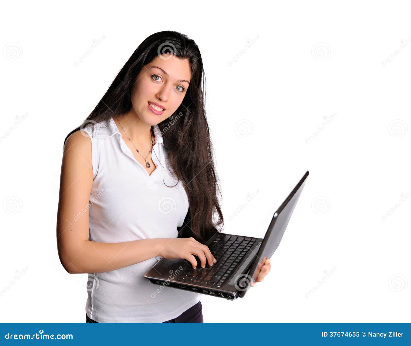 Pretty woman on computer stock image. Image of hispanic - 37674655