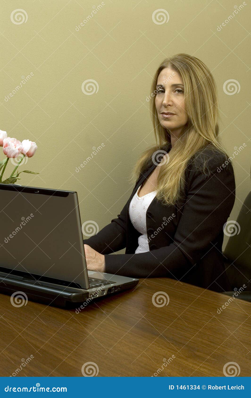 Pretty woman at desk stock photo. Image of happy, serious - 1461334