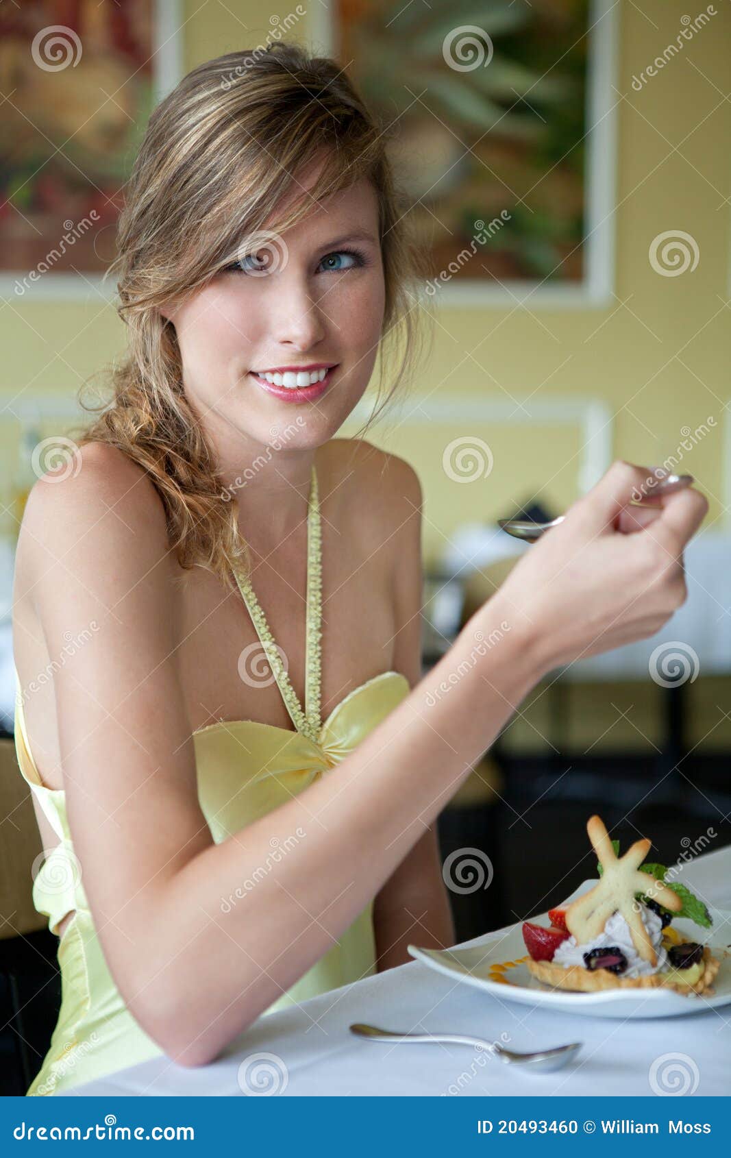 Pretty Woman Eating Dessert at Nice Restaurant Stock Photo - Image of ...
