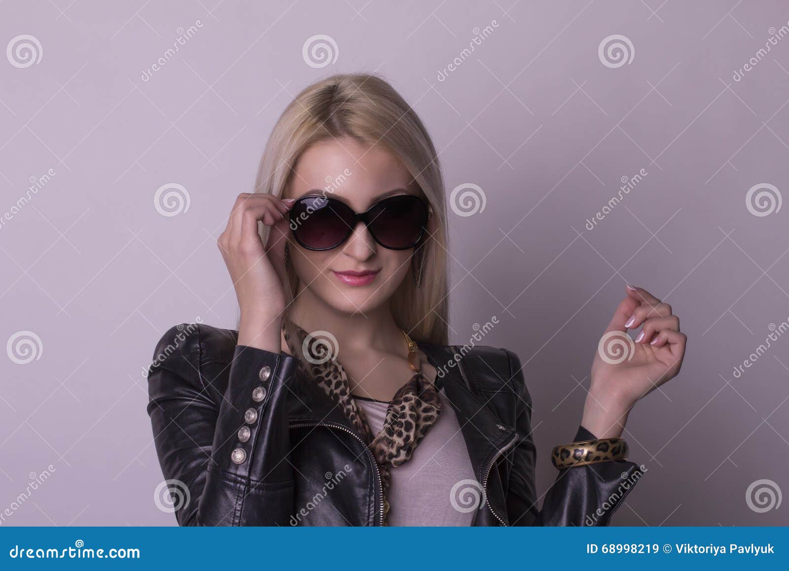 Pretty Woman In A Glasses And Leather Jacket Stock Image Image Of