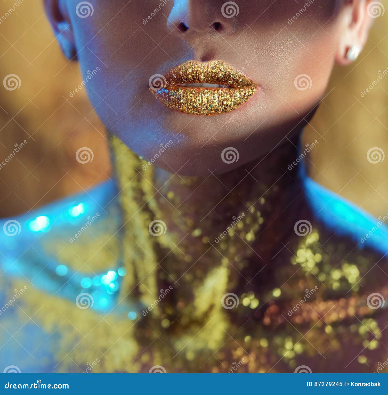 Pretty Woman with Golden Lips Stock Image - Image of lips, girl: 87279245