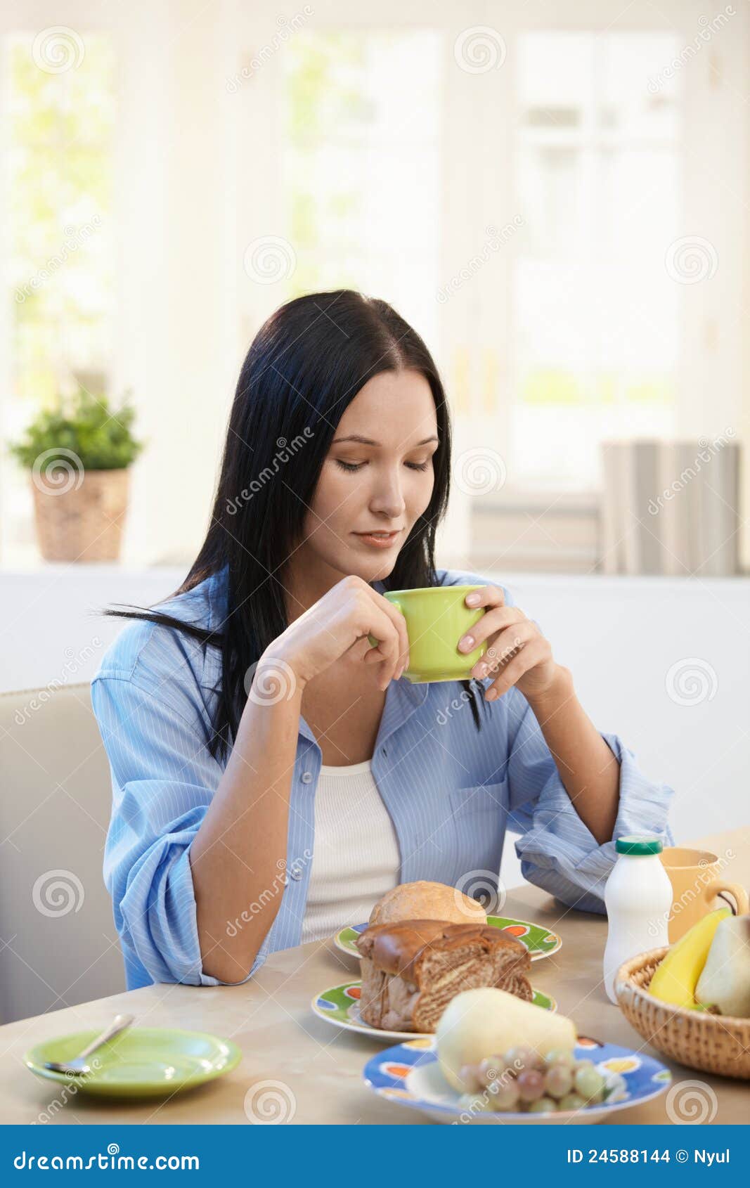 Pretty Woman Having Breakfast Stock Photo - Image of clothing, face ...