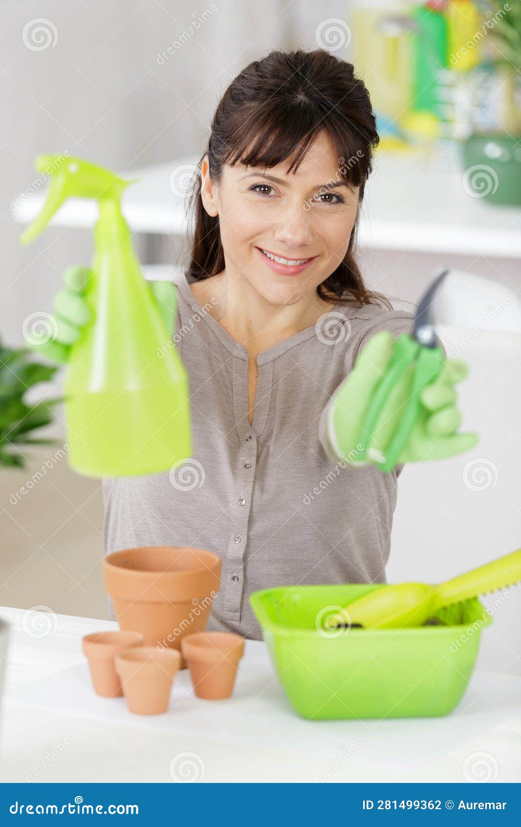 Pretty woman holding spray stock photo. Image of professional - 281499362