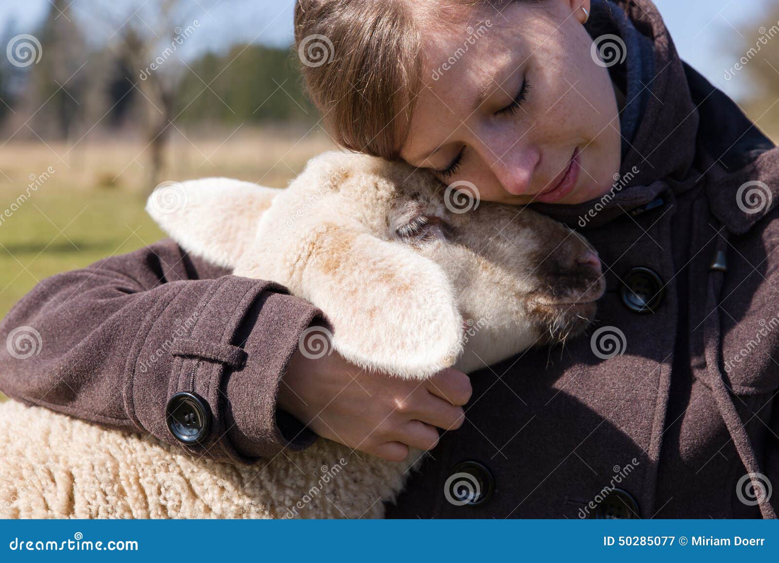 Pretty Woman Hugging Intimately a Little Lamb Stock Image - Image of ...