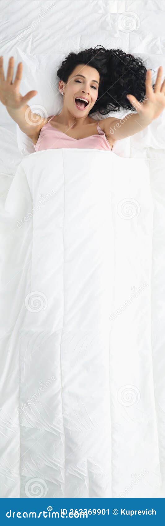 Pretty Woman Laying On White Bedding Wake Up Well Rested In Morning