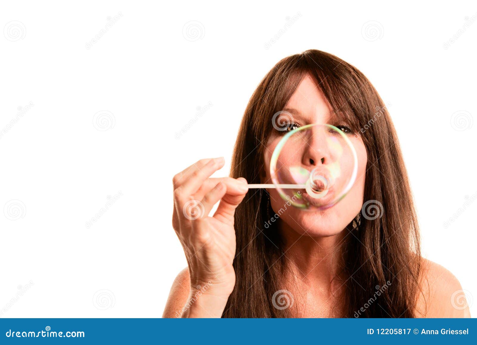 Pretty Woman With Long Hair Blowing Bubble Stock Image Image Of