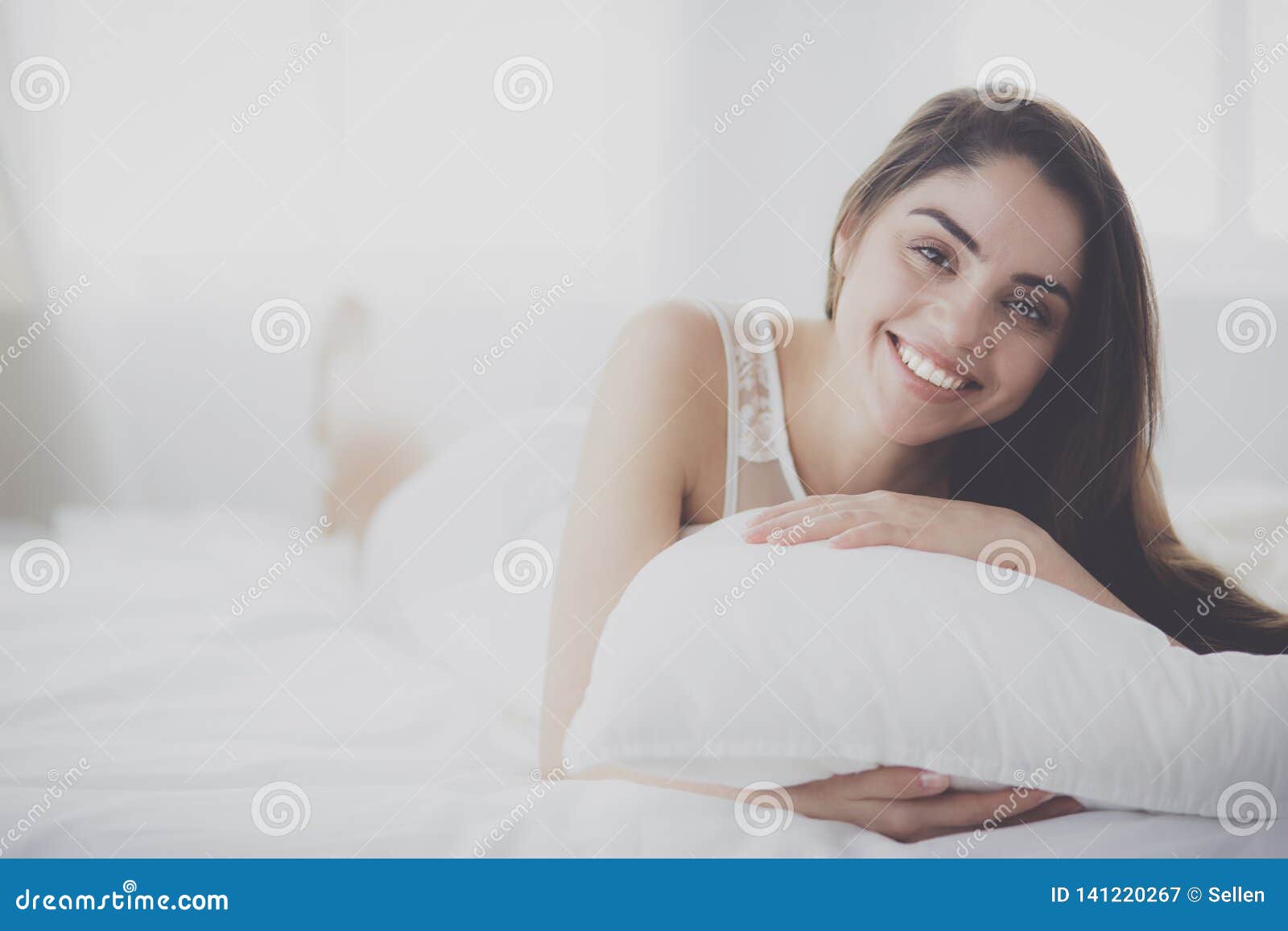 Pretty Woman Lying Down on Her Bed at Home Stock Image - Image of ...