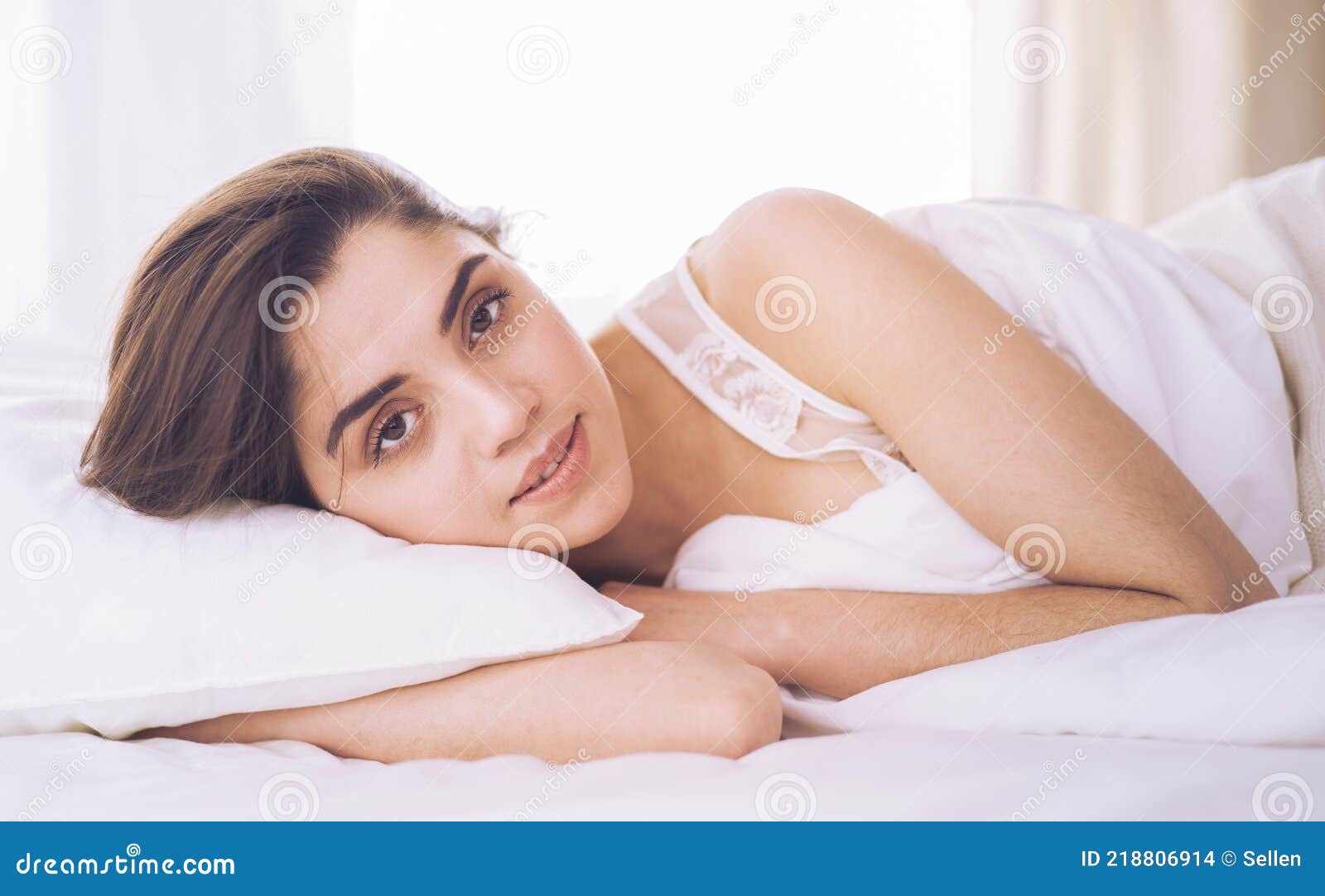 Pretty Woman Lying Down on Her Bed at Home Stock Photo - Image of ...