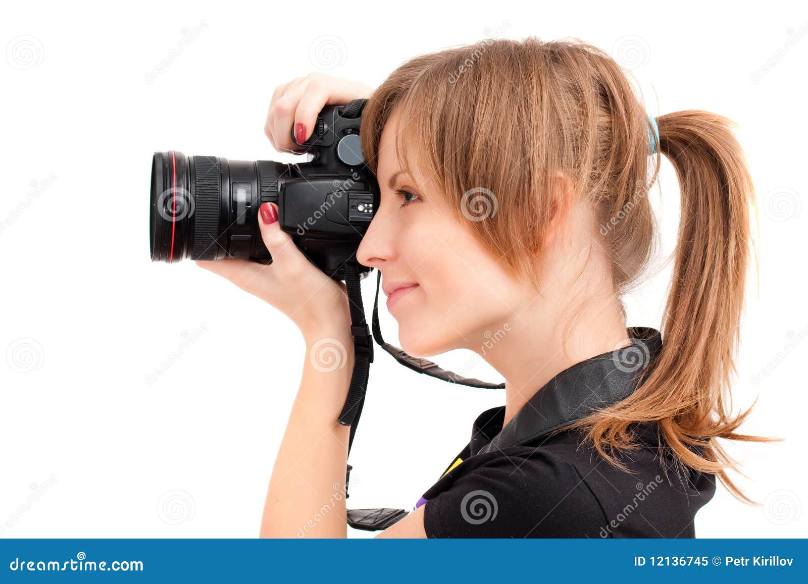 Pretty Woman Making Photograph. Side View Stock Image - Image of girl ...