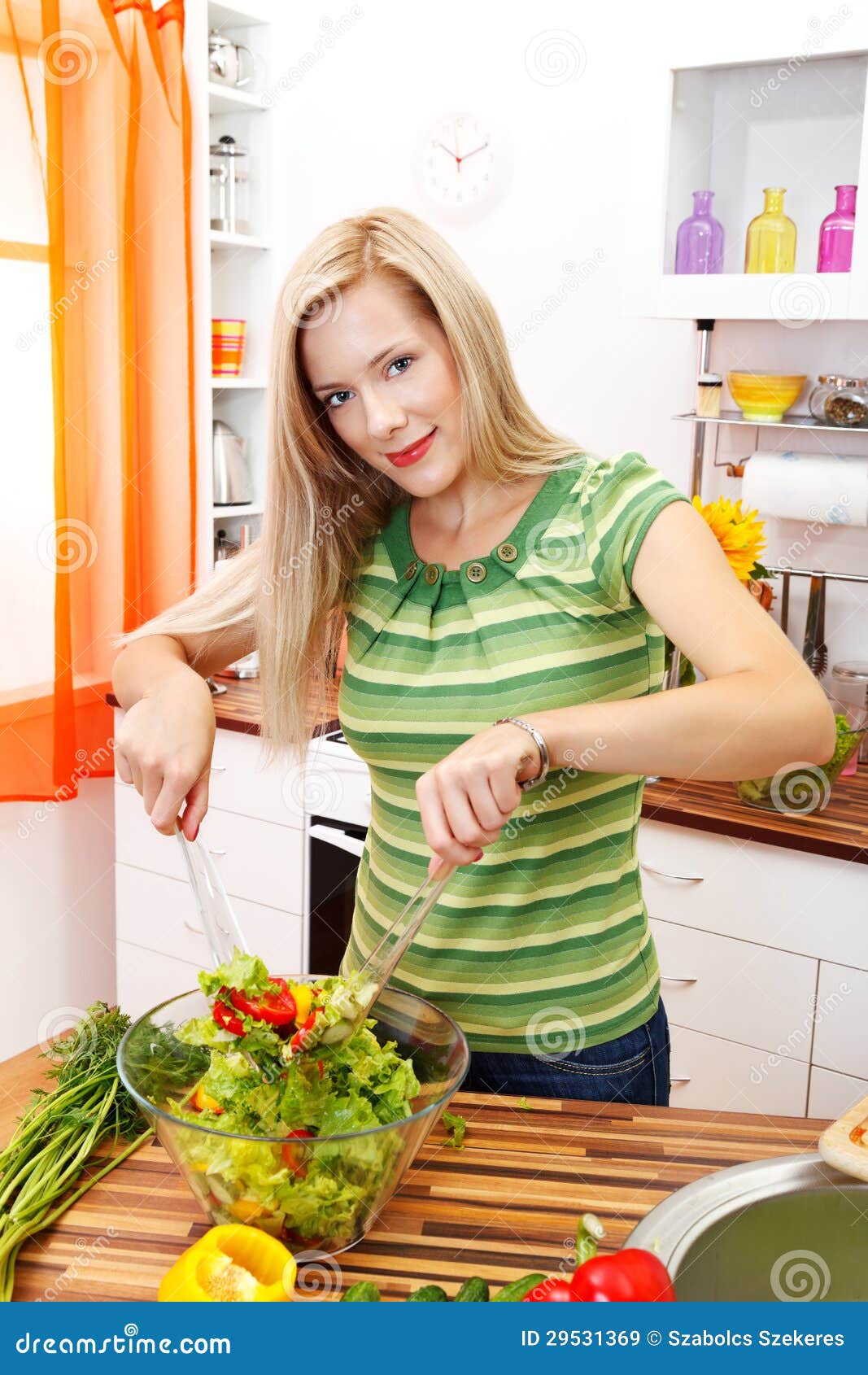 Pretty woman making salad stock image. Image of dinner - 29531369