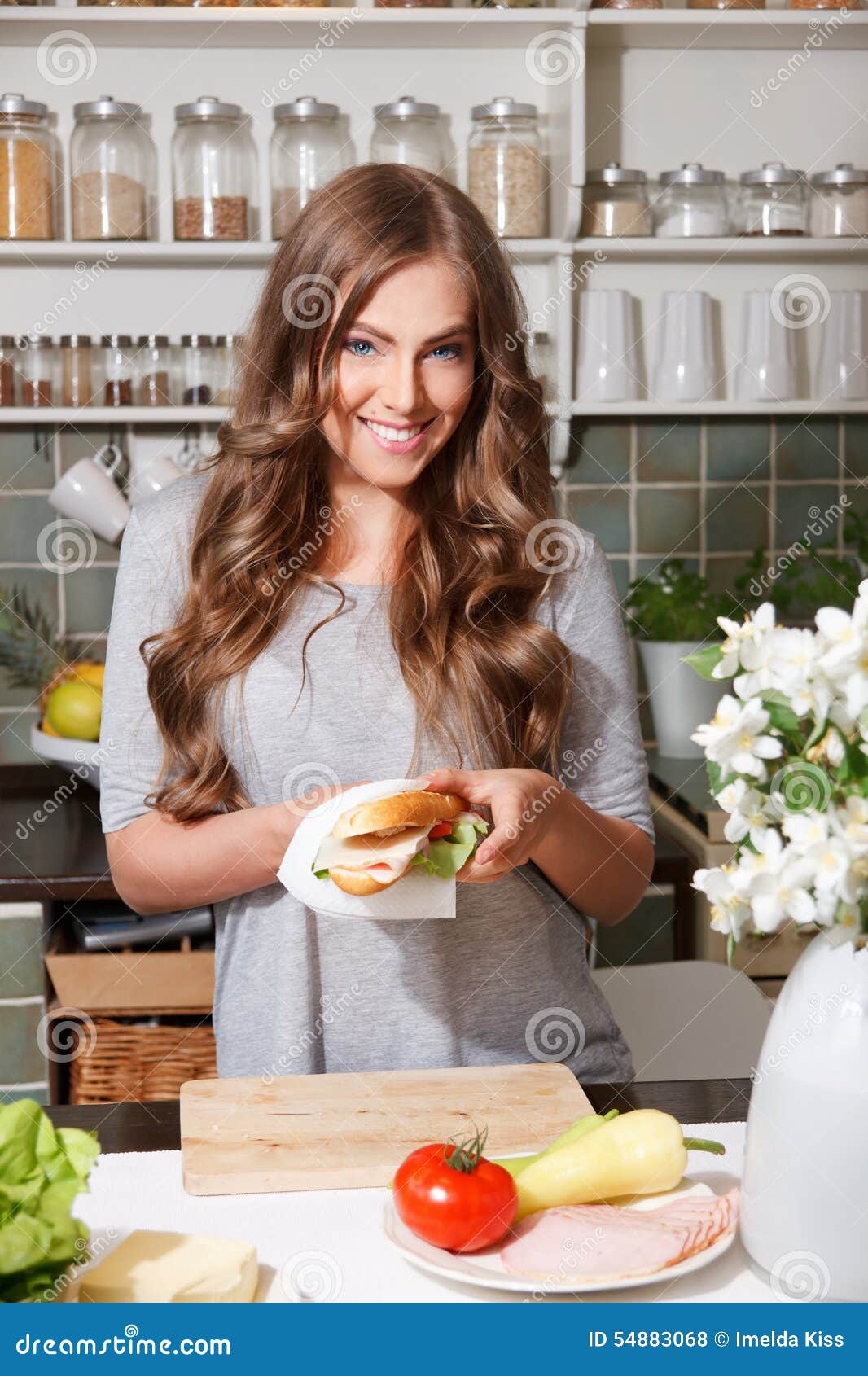 Pretty Woman Making Sandwich Stock Photo - Image of morning, breakfast ...