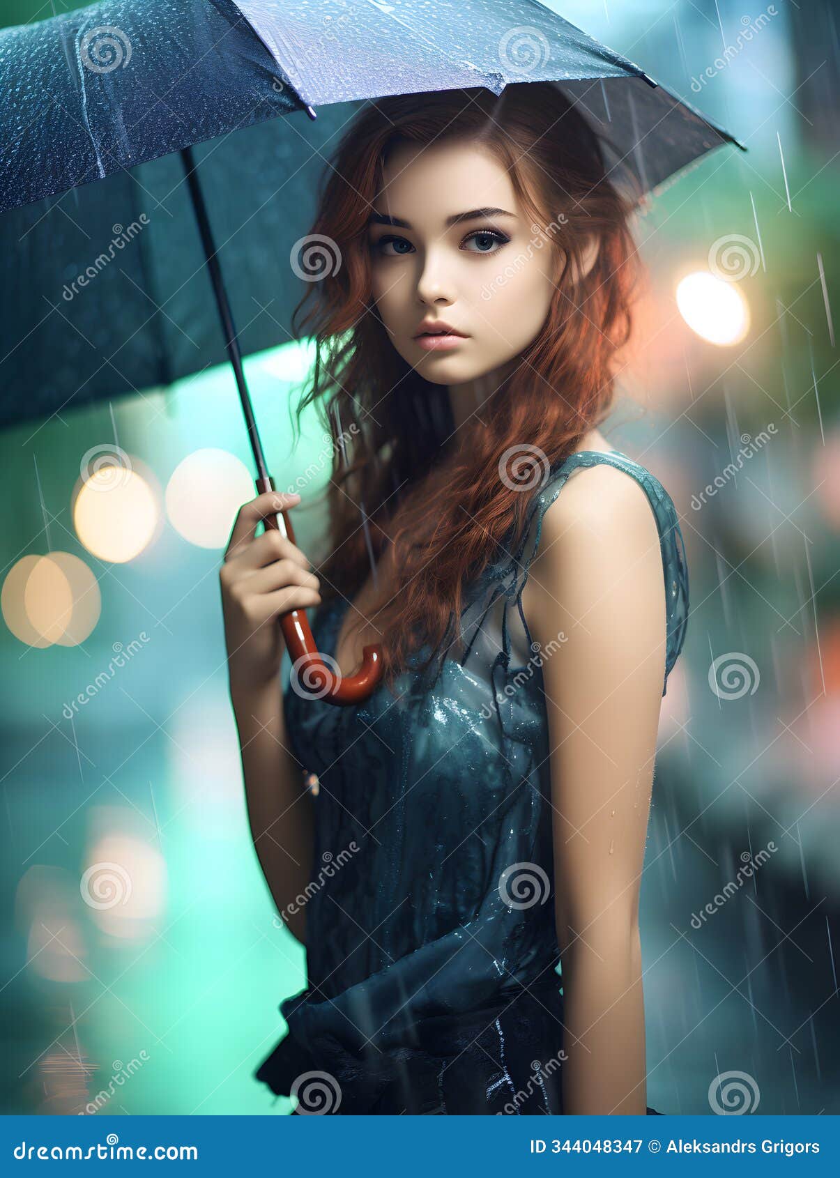 Pretty Woman Model Standing Wet Under the Rain Stock Image - Image of club, smile: 344048347