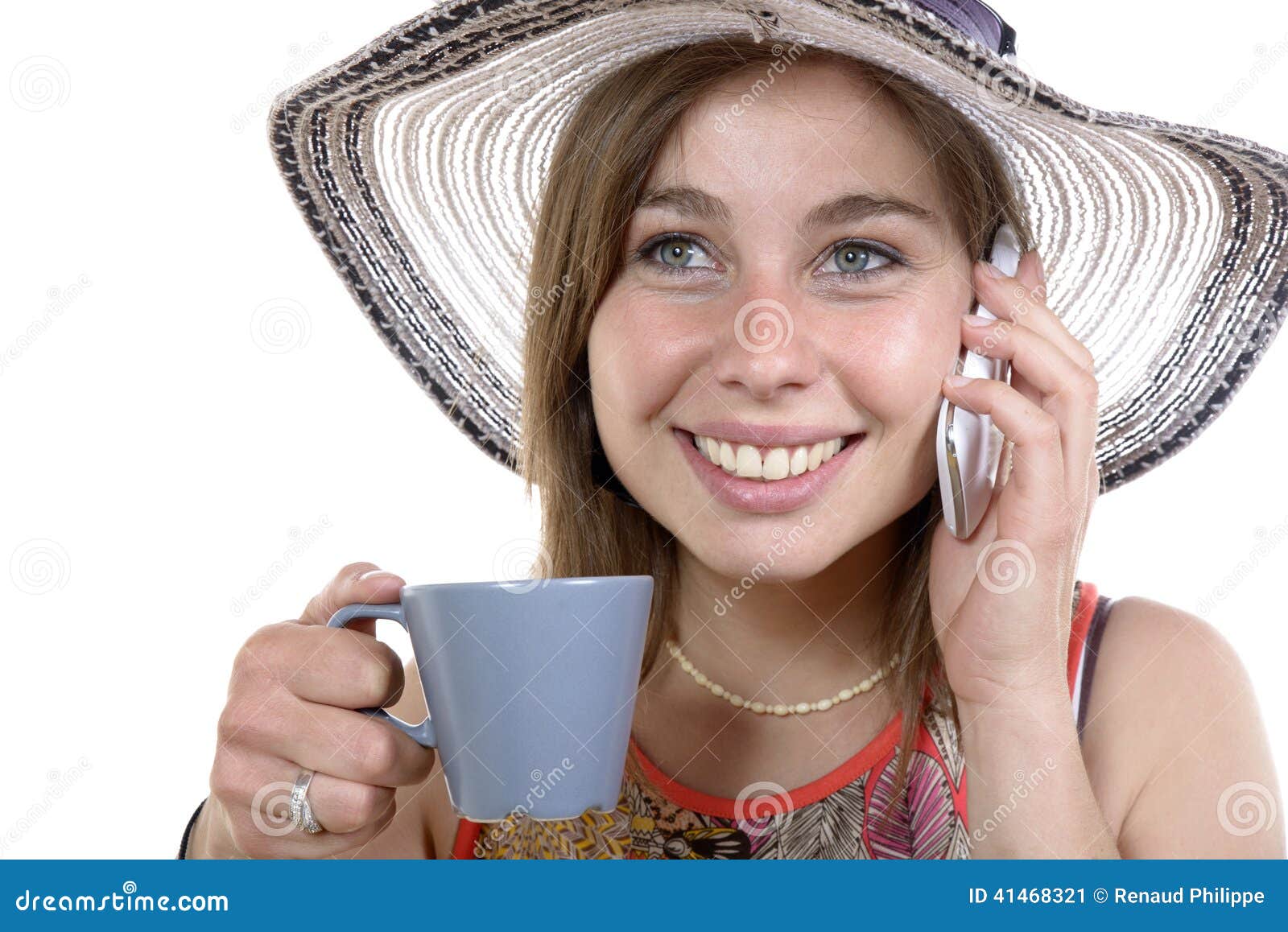 Pretty Woman on the Phone and Drinking Tea Stock Image - Image of ...