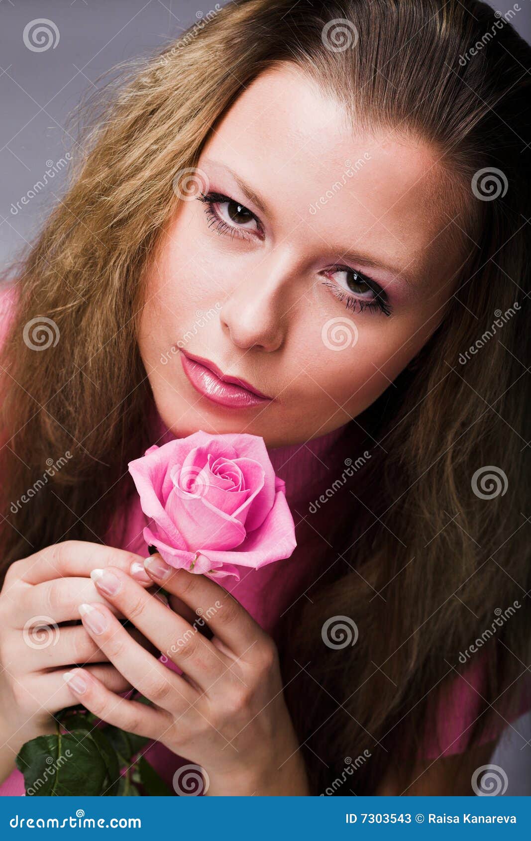 Pretty Woman with Pink Rose Stock Image - Image of long, smile: 7303543