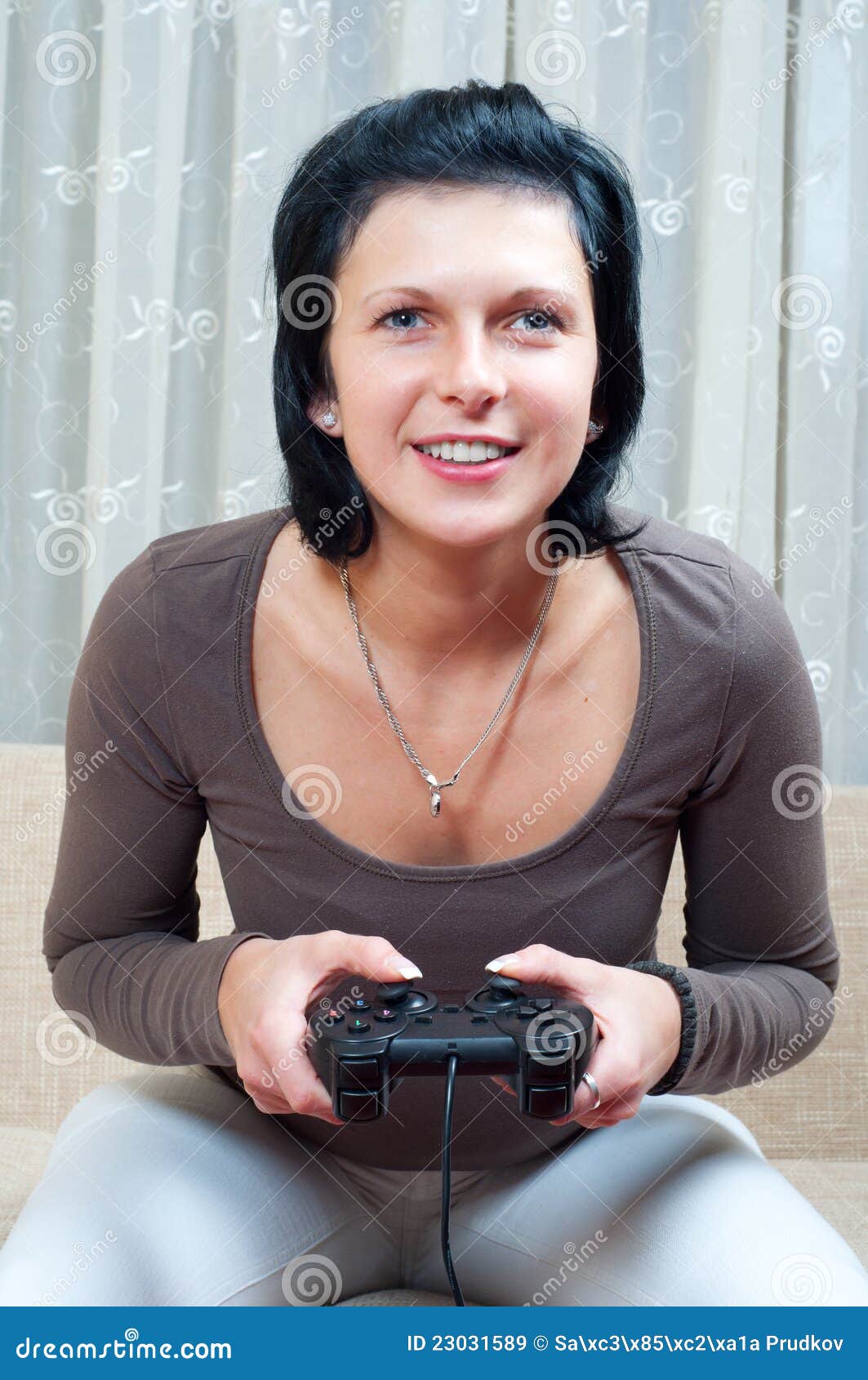 Pretty Woman Playing Computer Games Stock Image - Image of excited ...