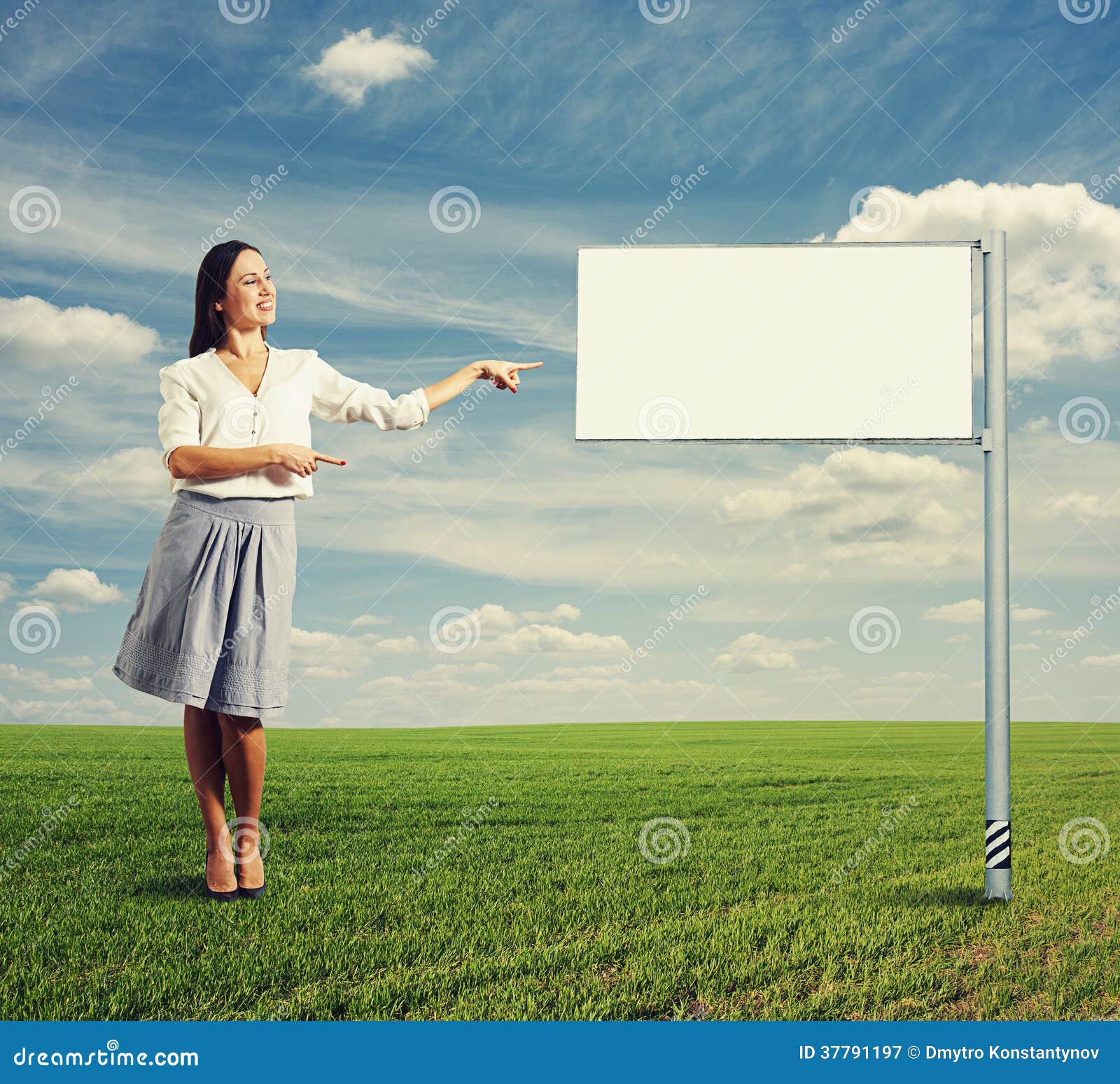 Pretty Woman Pointing at White Billboard Stock Image - Image of finger ...