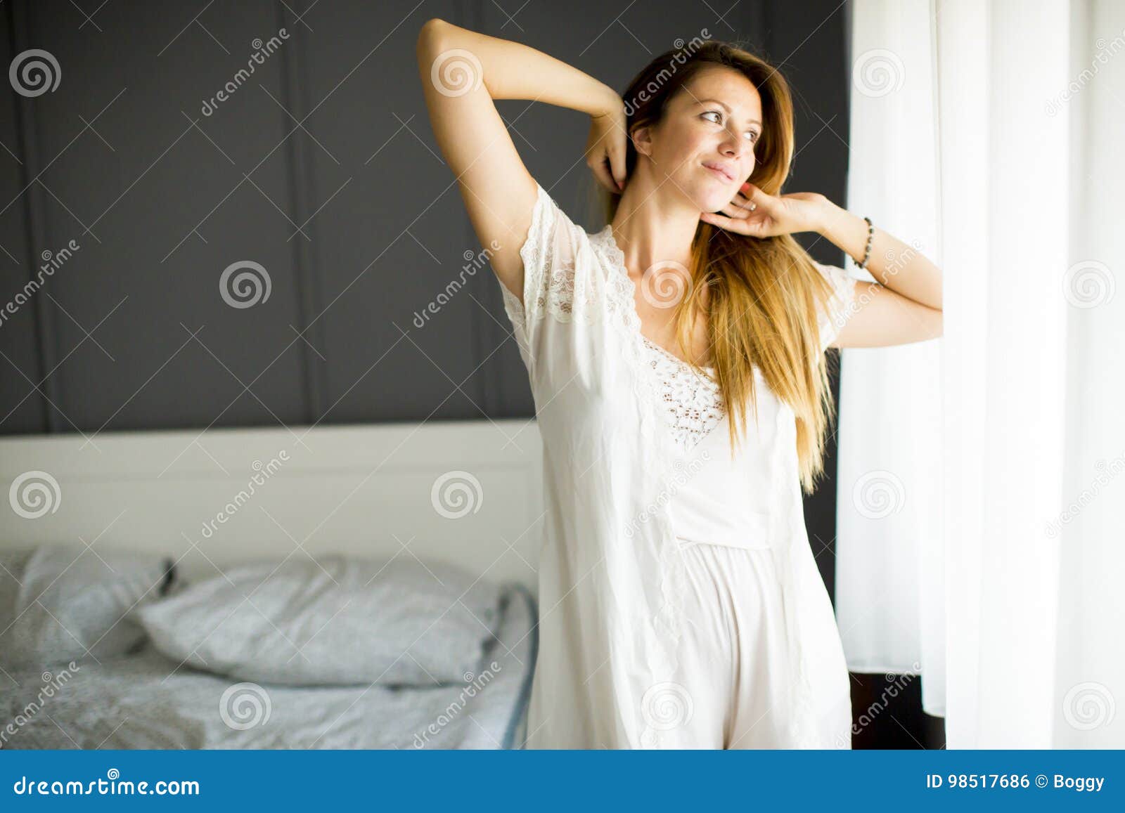 Pretty Woman Posing in Bedroom Stock Photo - Image of attractive ...