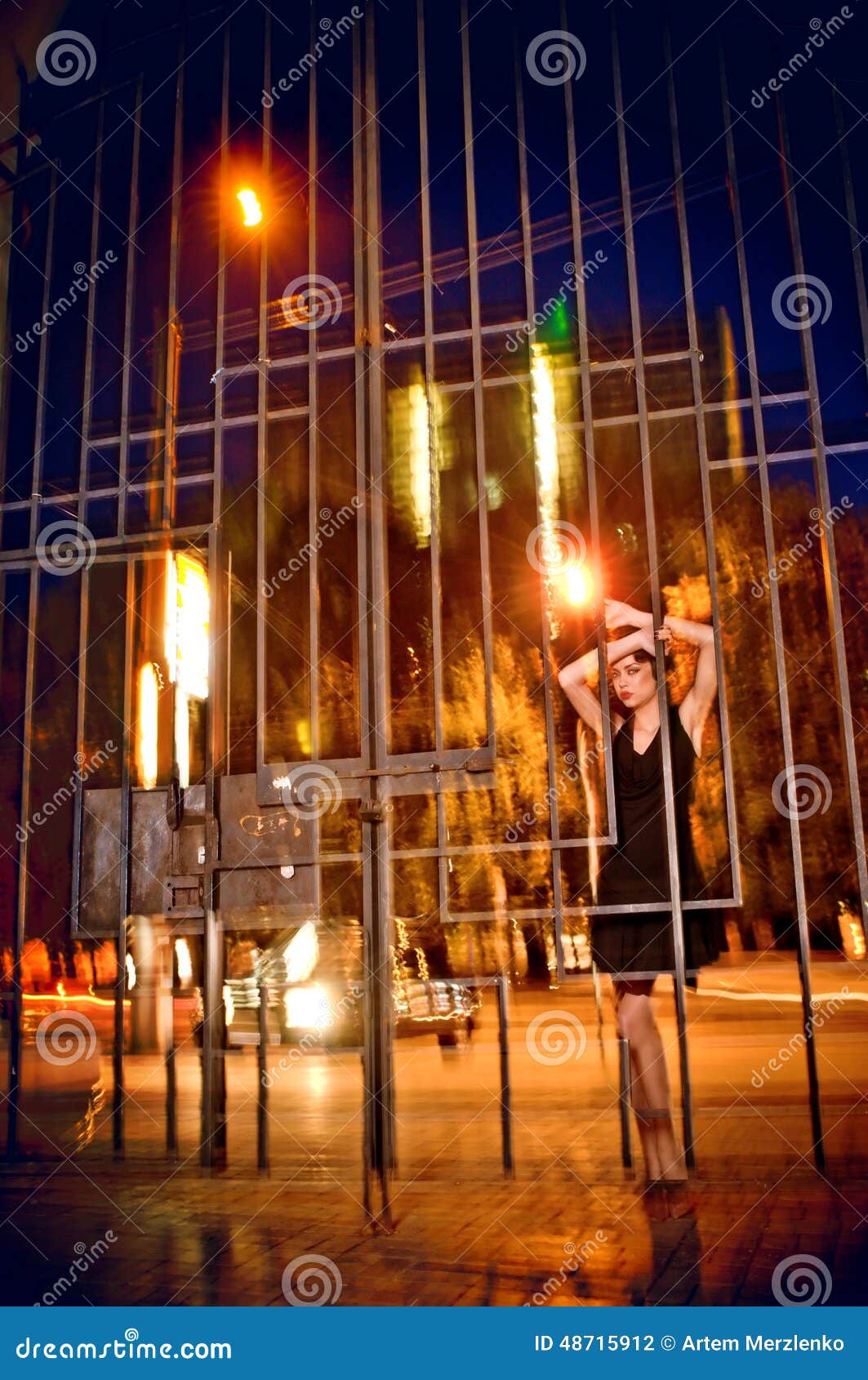 Pretty Woman Posing in Cage Outdoors at Night Stock Photo - Image of ...