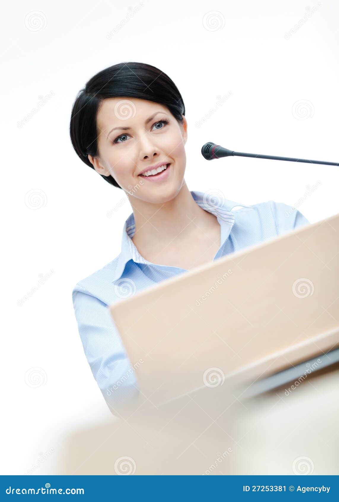 Pretty Woman Presenter at the Podium Stock Image - Image of attractive ...