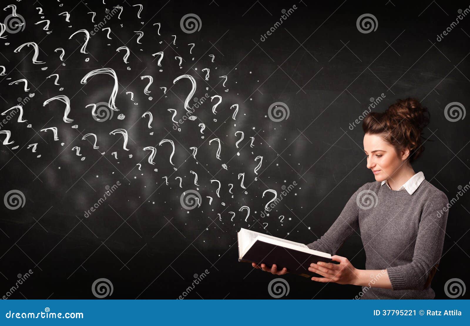 Pretty Woman Reading a Book with Question Marks Coming Out from Stock ...