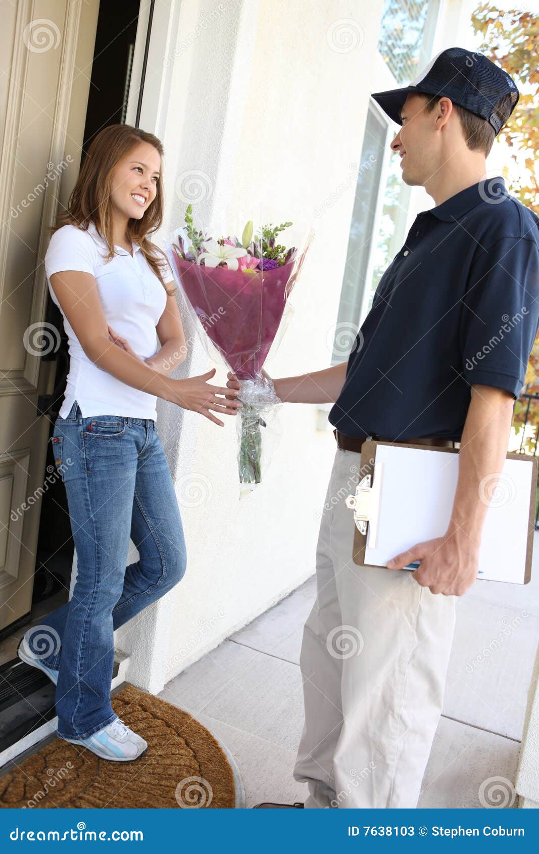 Pretty Woman Receiving Flowers Stock Image - Image of arrangement ...