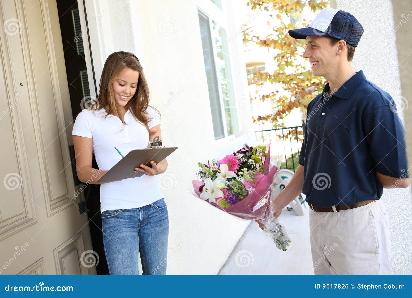 Pretty Woman Receiving Flowers Stock Photo - Image of flowers ...