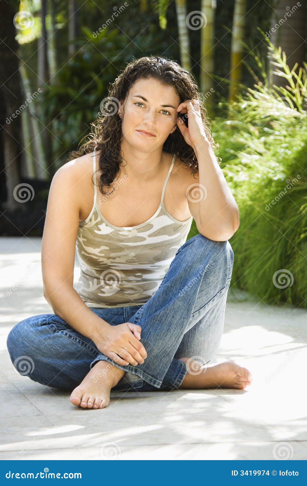 Pretty woman sitting. stock photo. Image of brunette, happy - 3419974