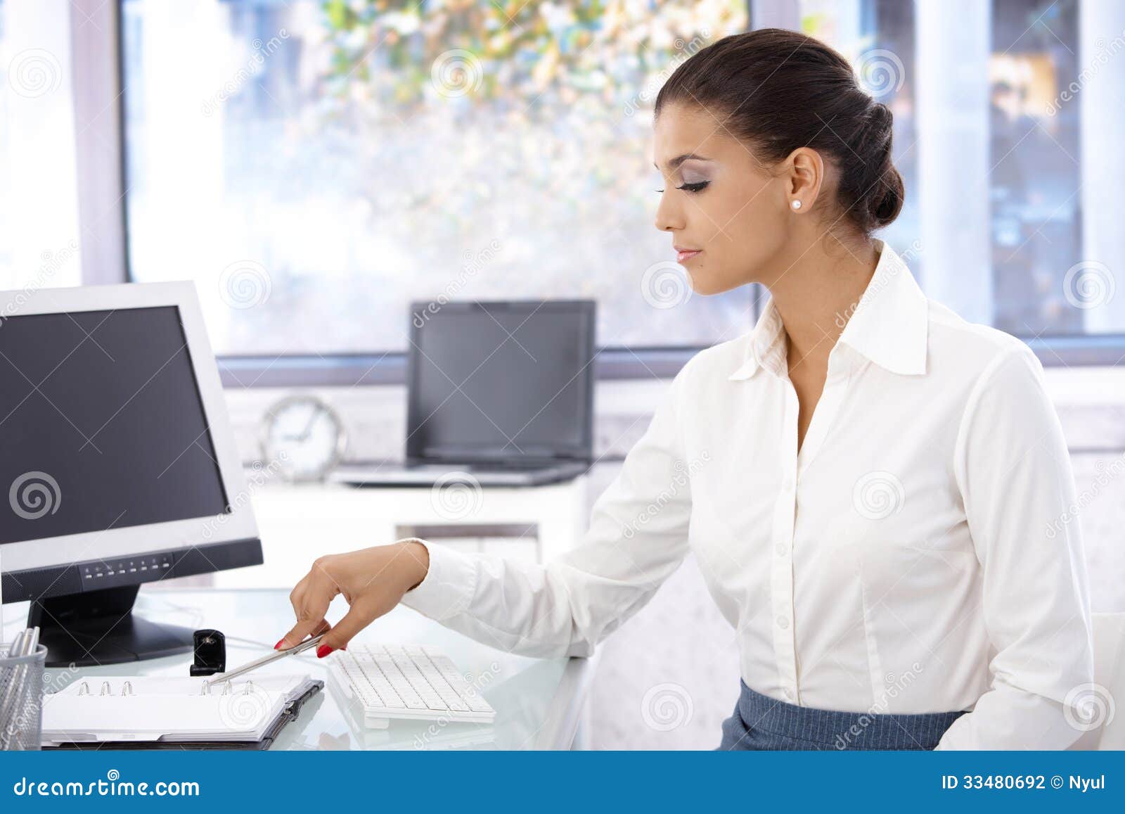 Pretty Woman Sitting at Desk Working Stock Photo - Image of casual ... Pretty Woman Sitting at Desk Working Stock Photo - Image of casual ...