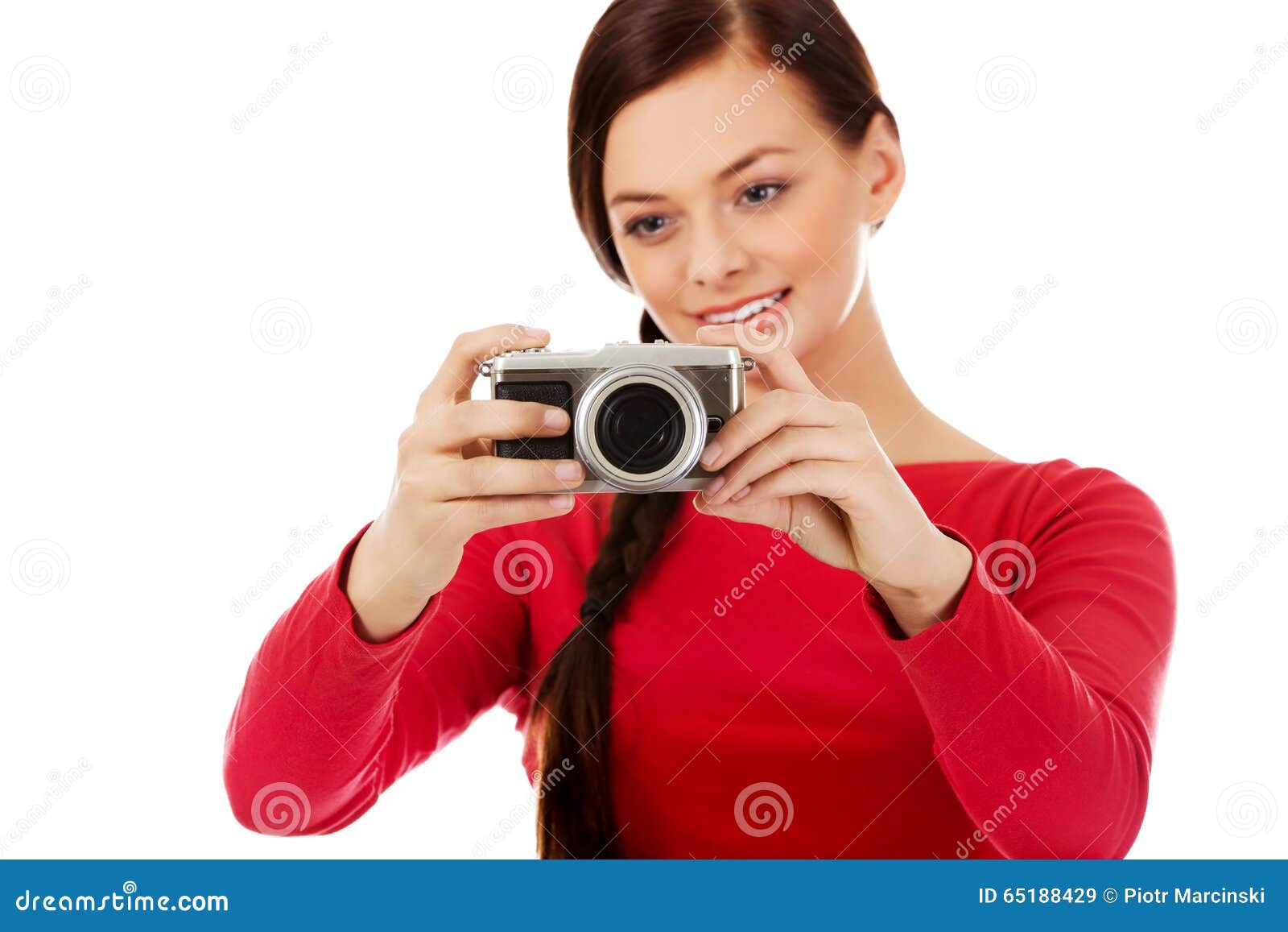 Pretty Woman Taking a Photo Using Classic Slr Camera Stock Image ...