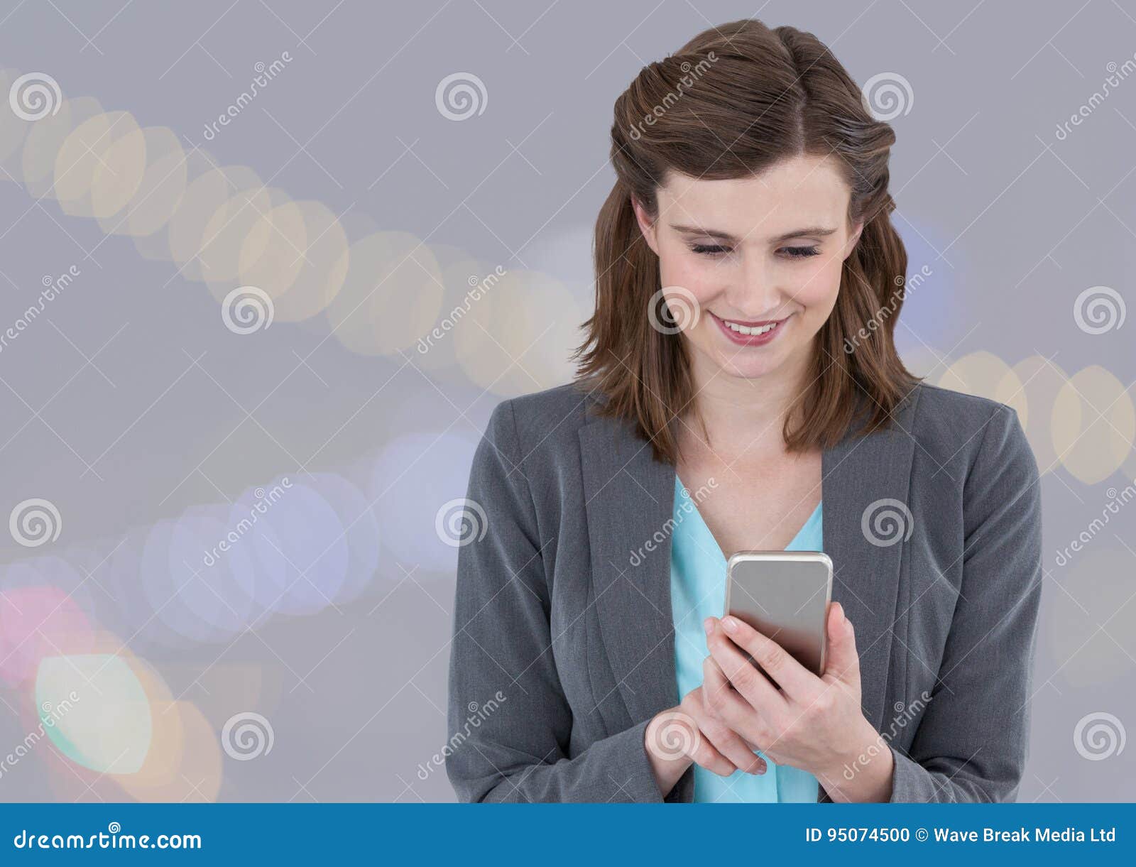 Pretty Woman Texting in Front of Colored Lights Stock Photo - Image of ...