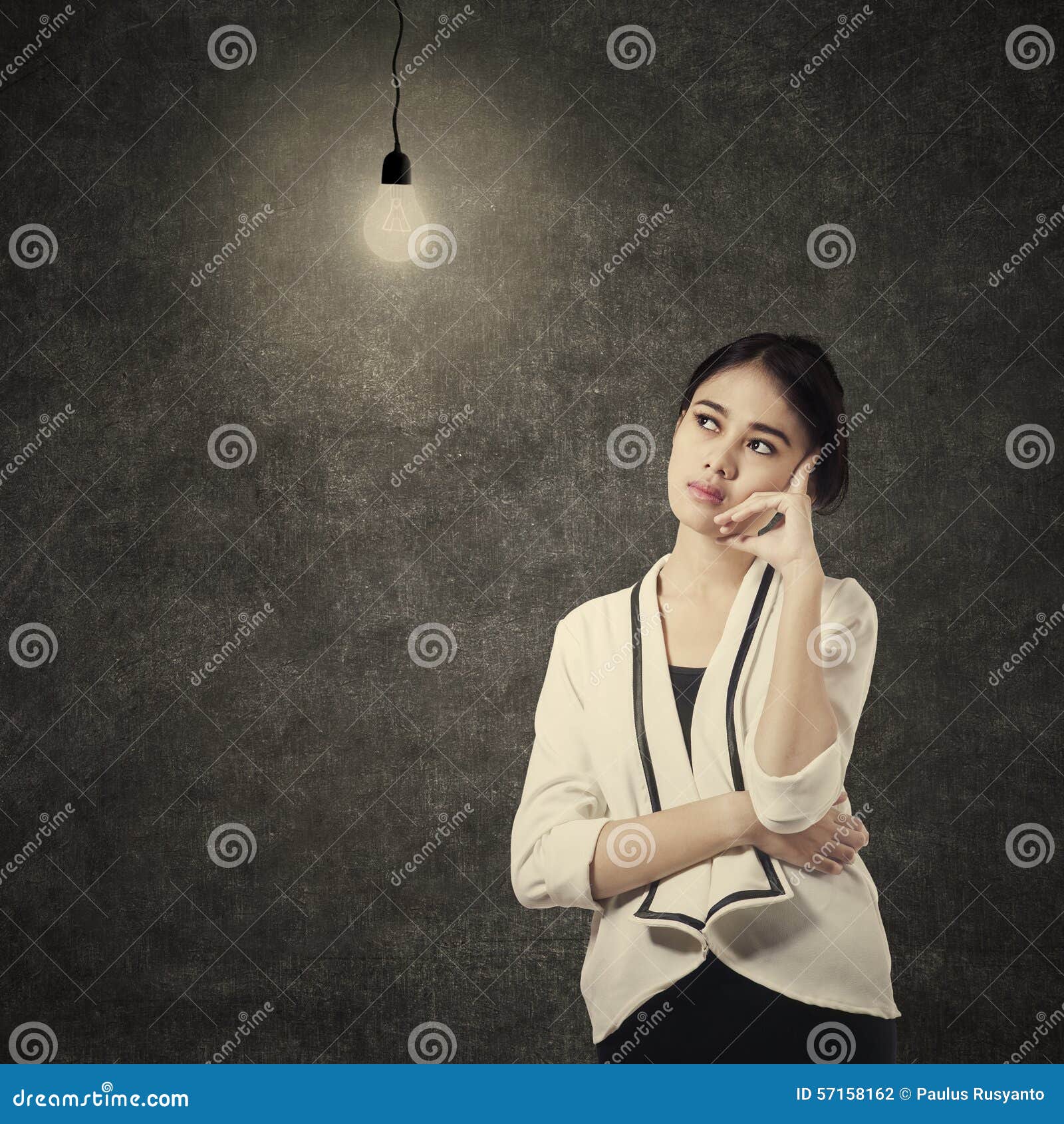 Pretty Woman Thinking Under Lightbulb 1 Stock Photo - Image of idea ...